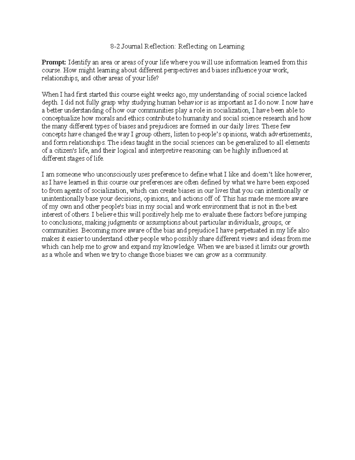 SCS 100 Final Reflecting on Learning - 8-2 Journal Reflection ...