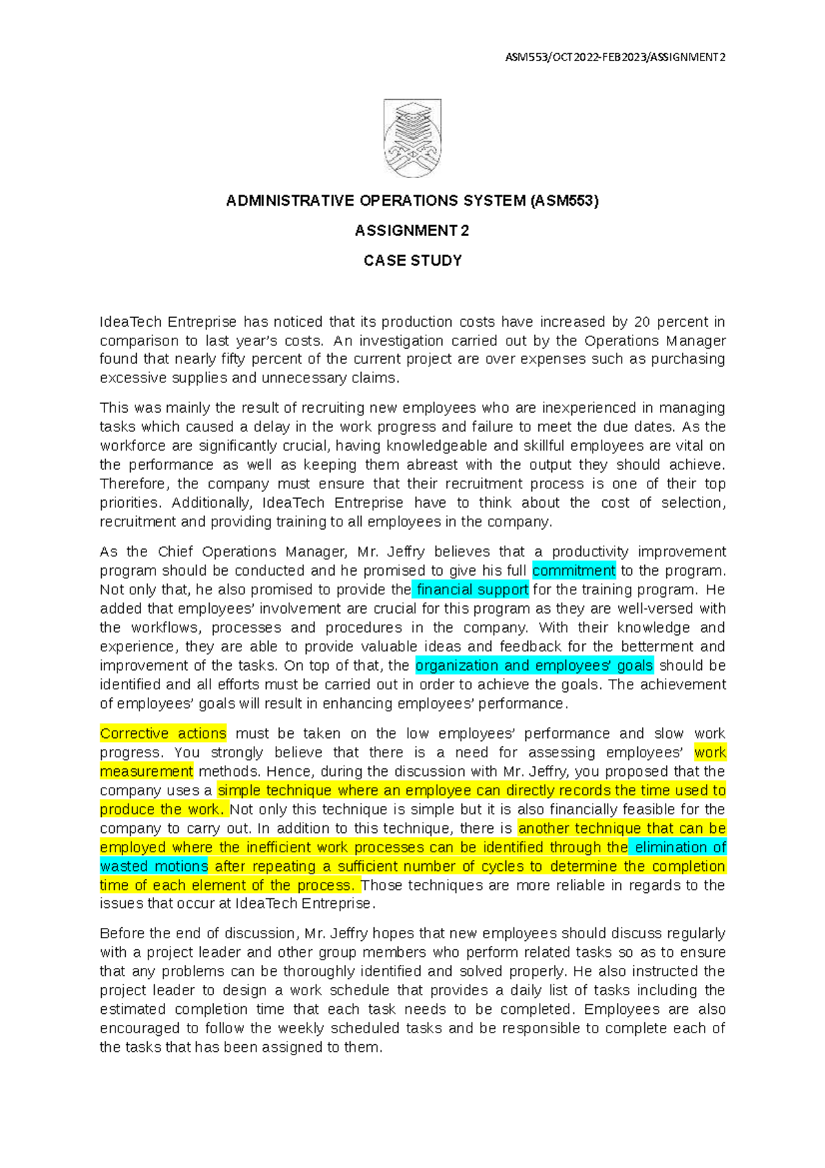 Assignment 2 Case Study Question - ASM553/OCT2022-FEB2023/ASSIGNMENT ADMINISTRATIVE OPERATIONS ...