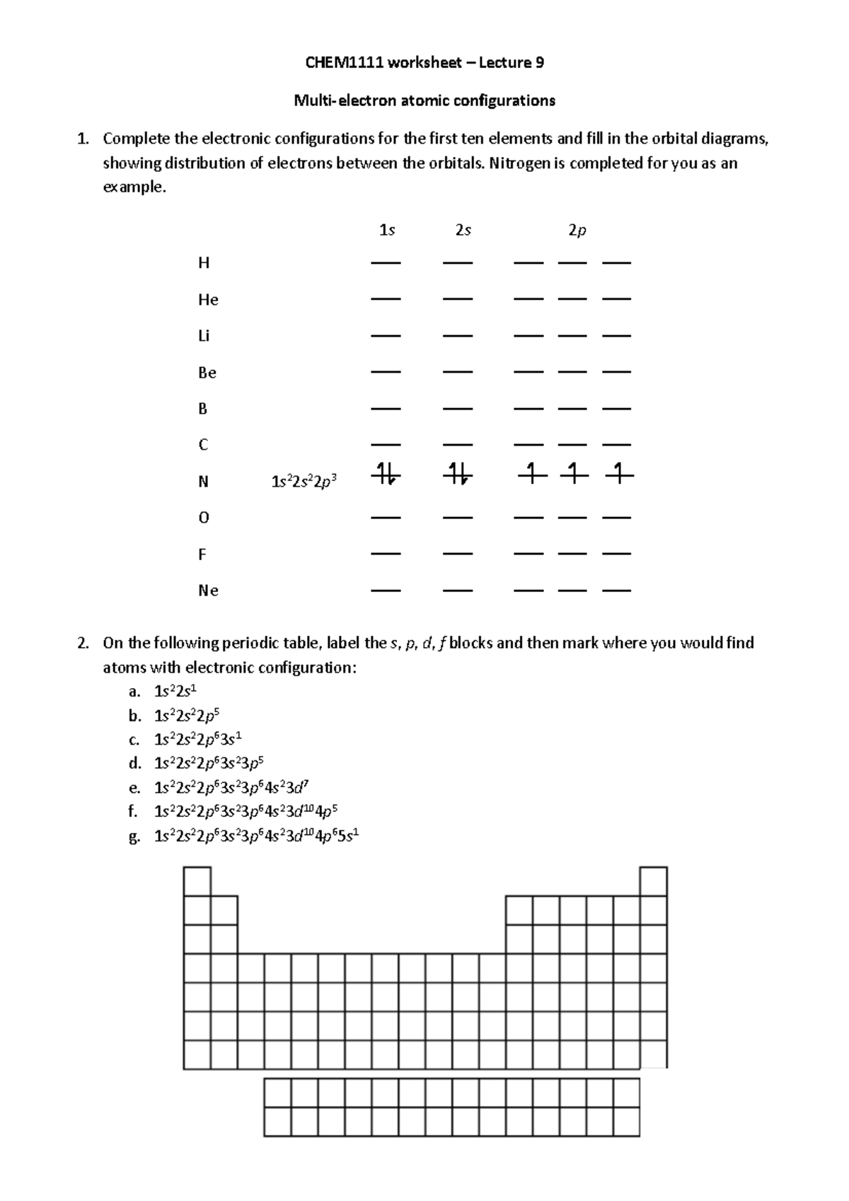 WS9 - Lots of good practice. - CHEM1111 worksheet – Lecture 9 Multi-electron atomic ...