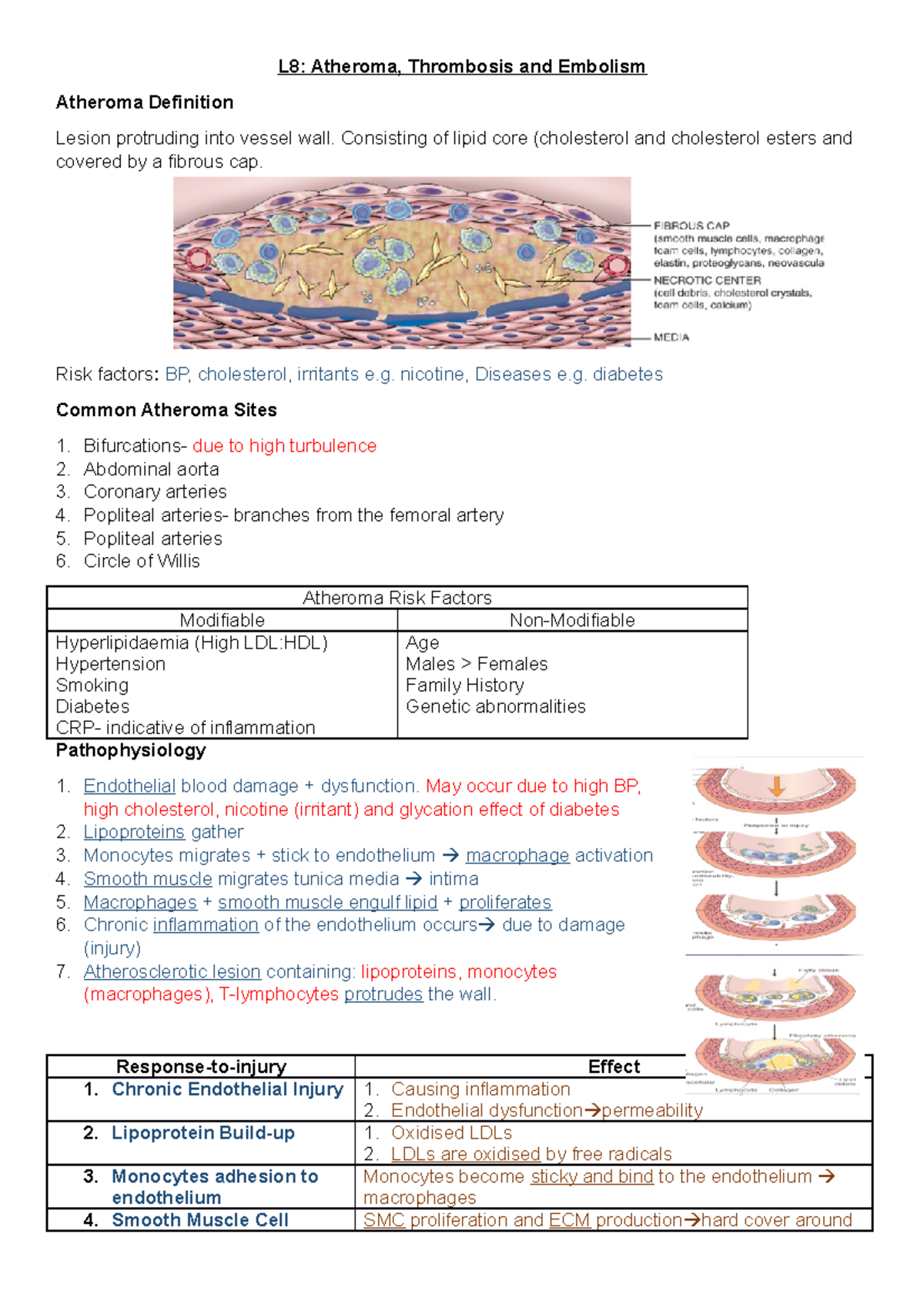 Atheroma, Thrombosis and Embolism - L8: Atheroma, Thrombosis and ...