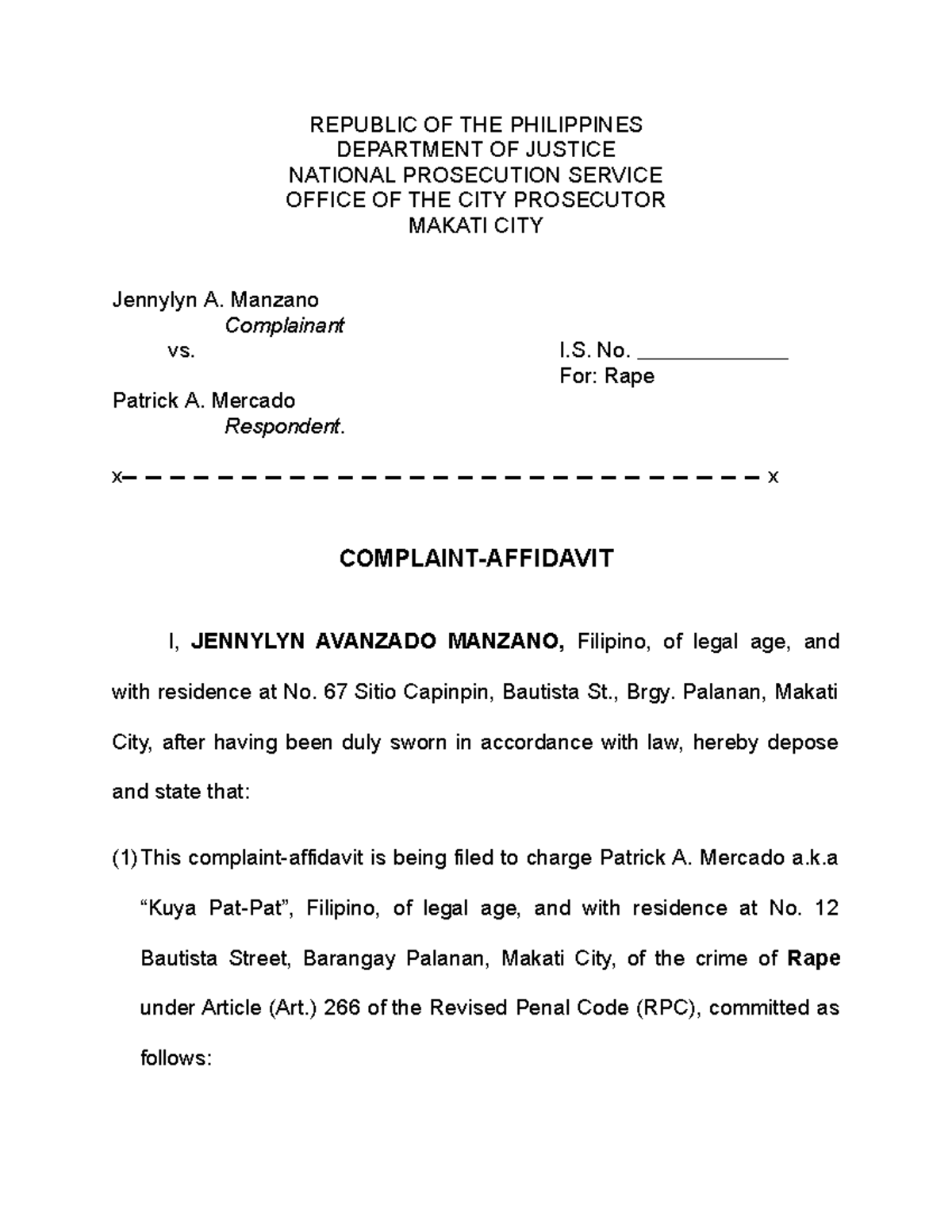 Affidavit complaint for rape - REPUBLIC OF THE PHILIPPINES DEPARTMENT OF JUSTICE NATIONAL - Studocu