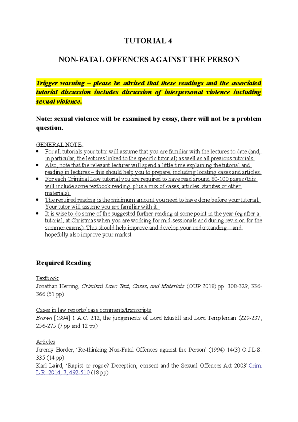 Criminal Law Tutorial 4: Non Fatal Offences - TUTORIAL 4 NON-FATAL ...