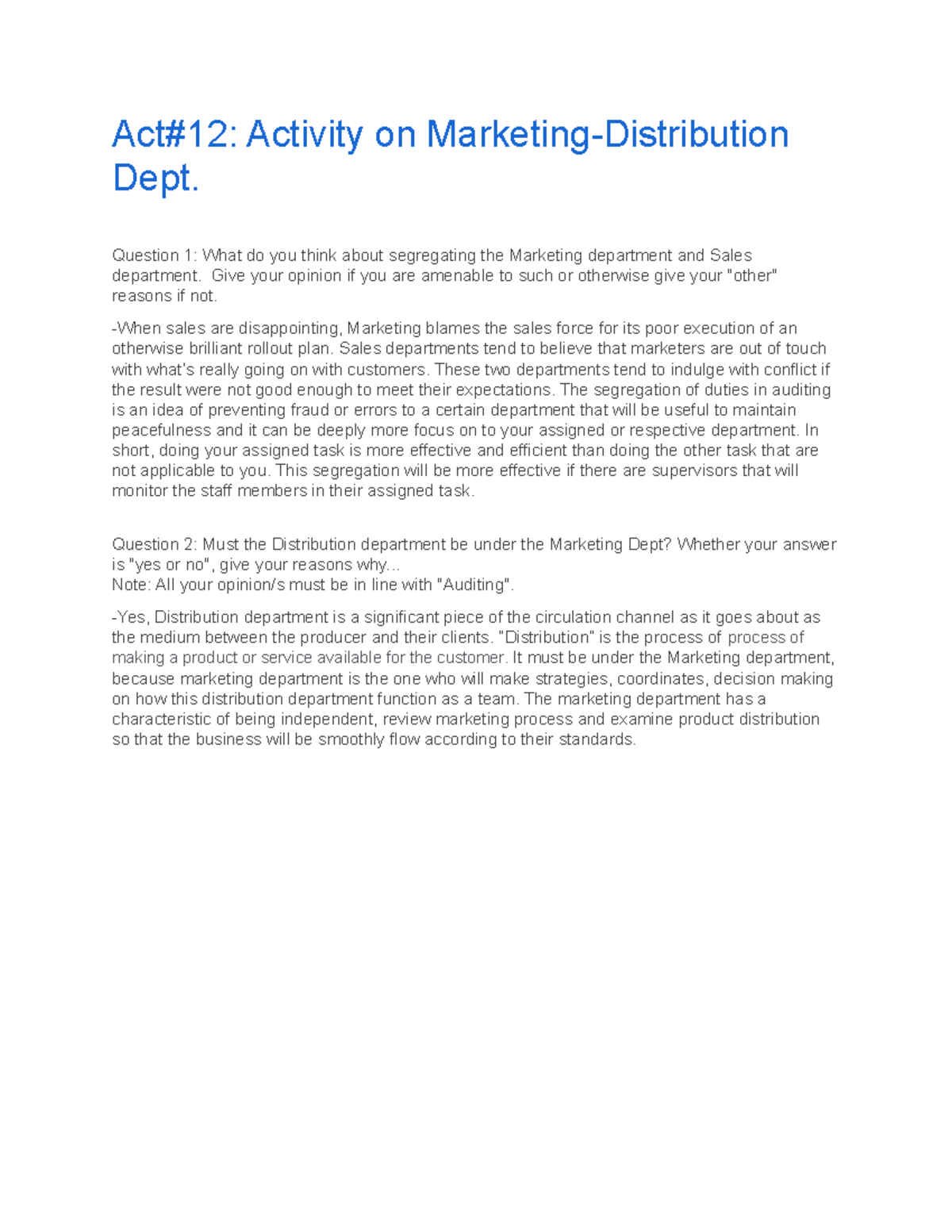 (marketing-distribution department) - Act#12: Activity on Marketing ...