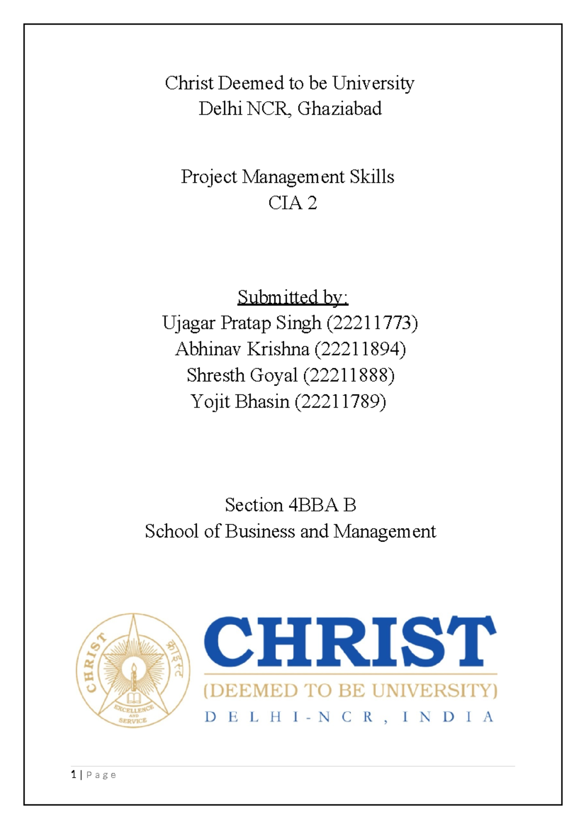 PMS CIA 2 - yur - Christ Deemed to be University Delhi NCR, Ghaziabad ...