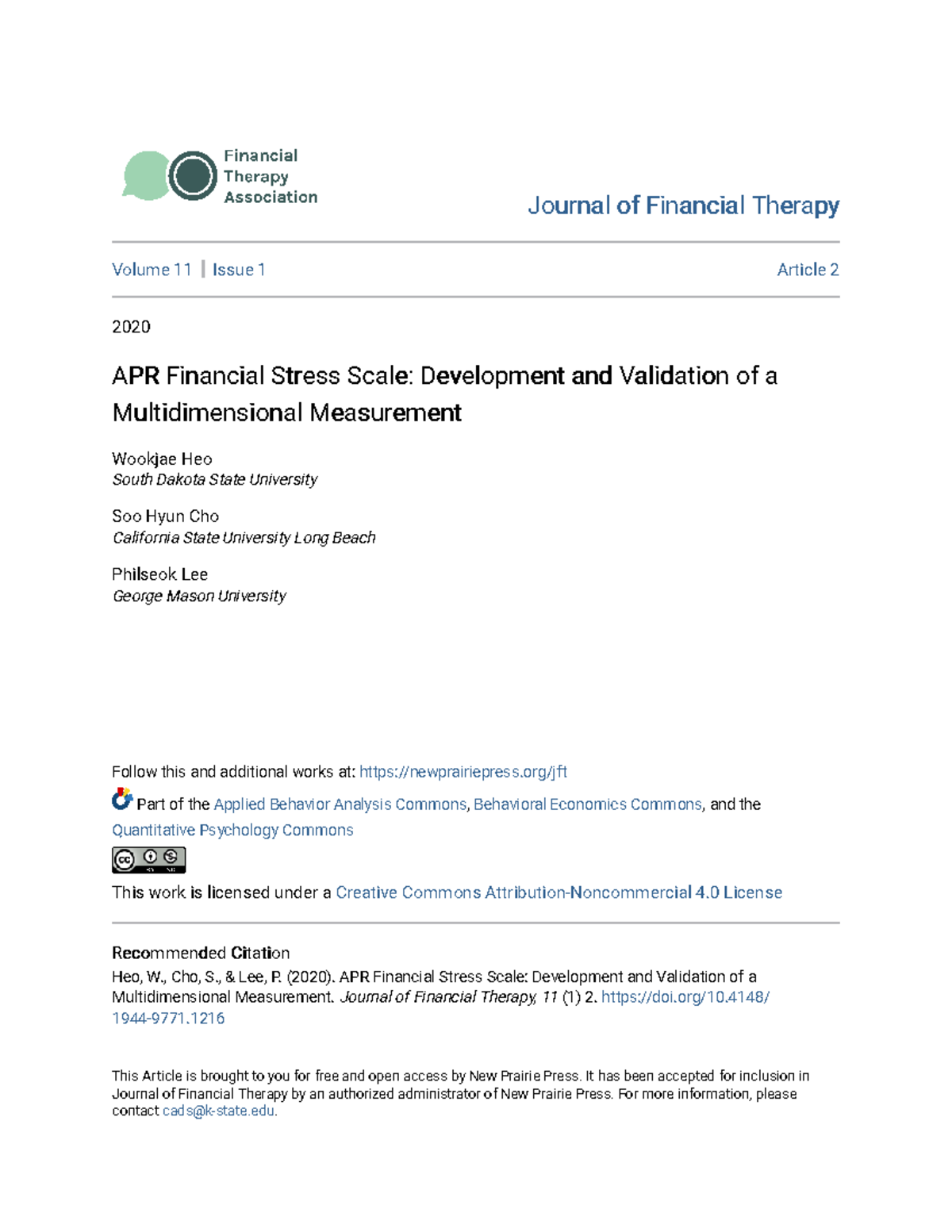APR Financial Stress Scale - , Cho, S., & Lee, P. (2020). APR Financial ...