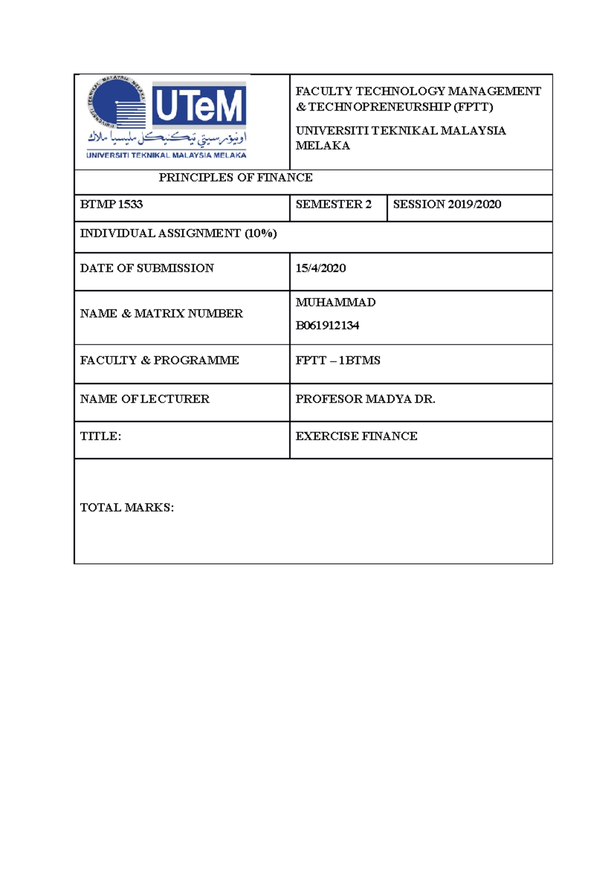 Finance exercise - TUTORIAL - FACULTY TECHNOLOGY MANAGEMENT ...