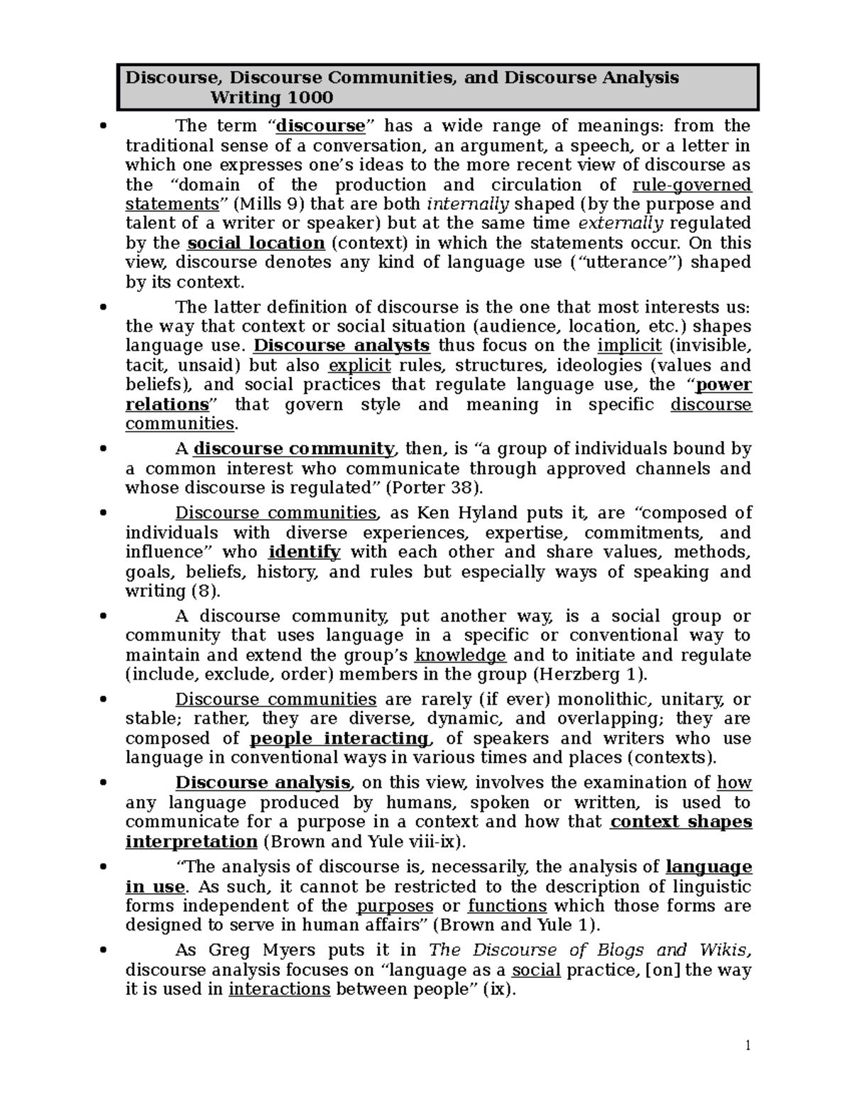 Discourse Handout - Discourse, Discourse Communities, and Discourse Analysis Writing 1000 The ...