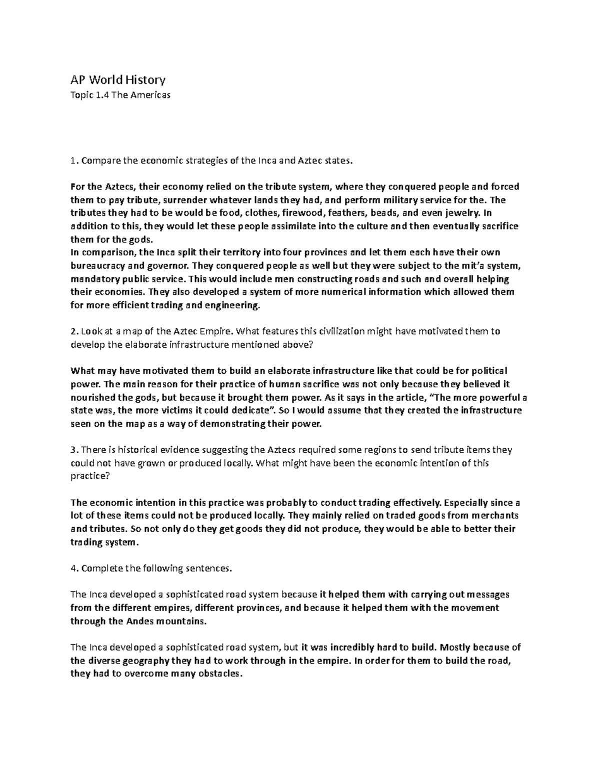 1.4 Aztec Sacrifices Worksheet - AP World History Topic 1 The Americas ...