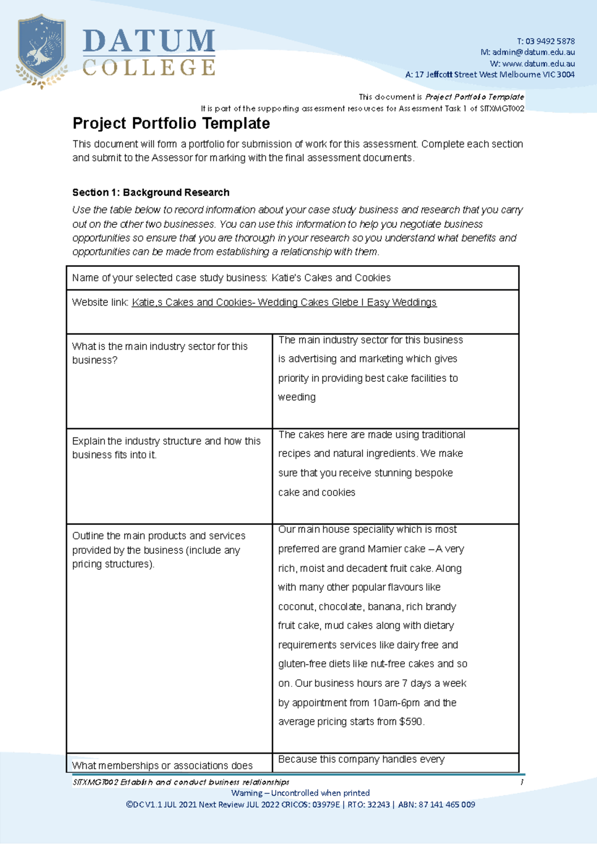 Project Portfolio Template - M: admin@datum.edu W: datum.edu A: 17 ...