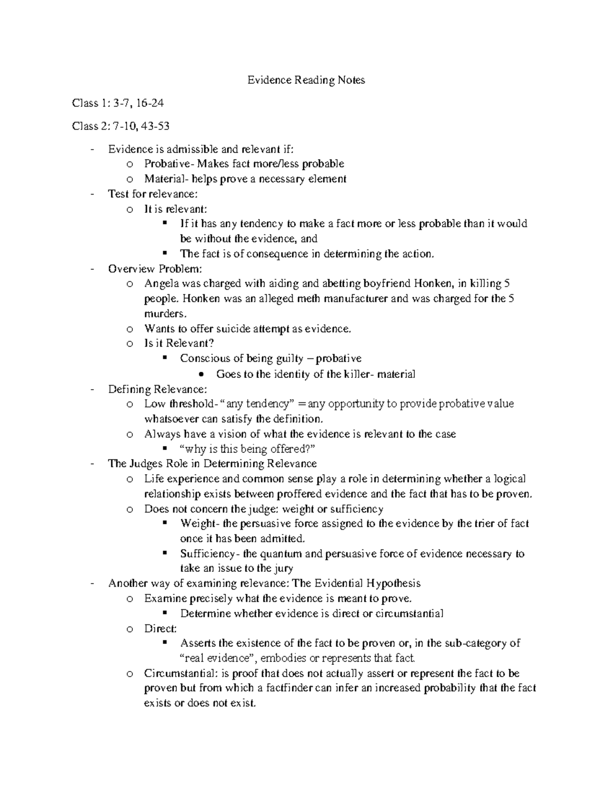 Evidence Reading Notes - Evidence Reading Notes Class 1: 3-7, 16- Class ...