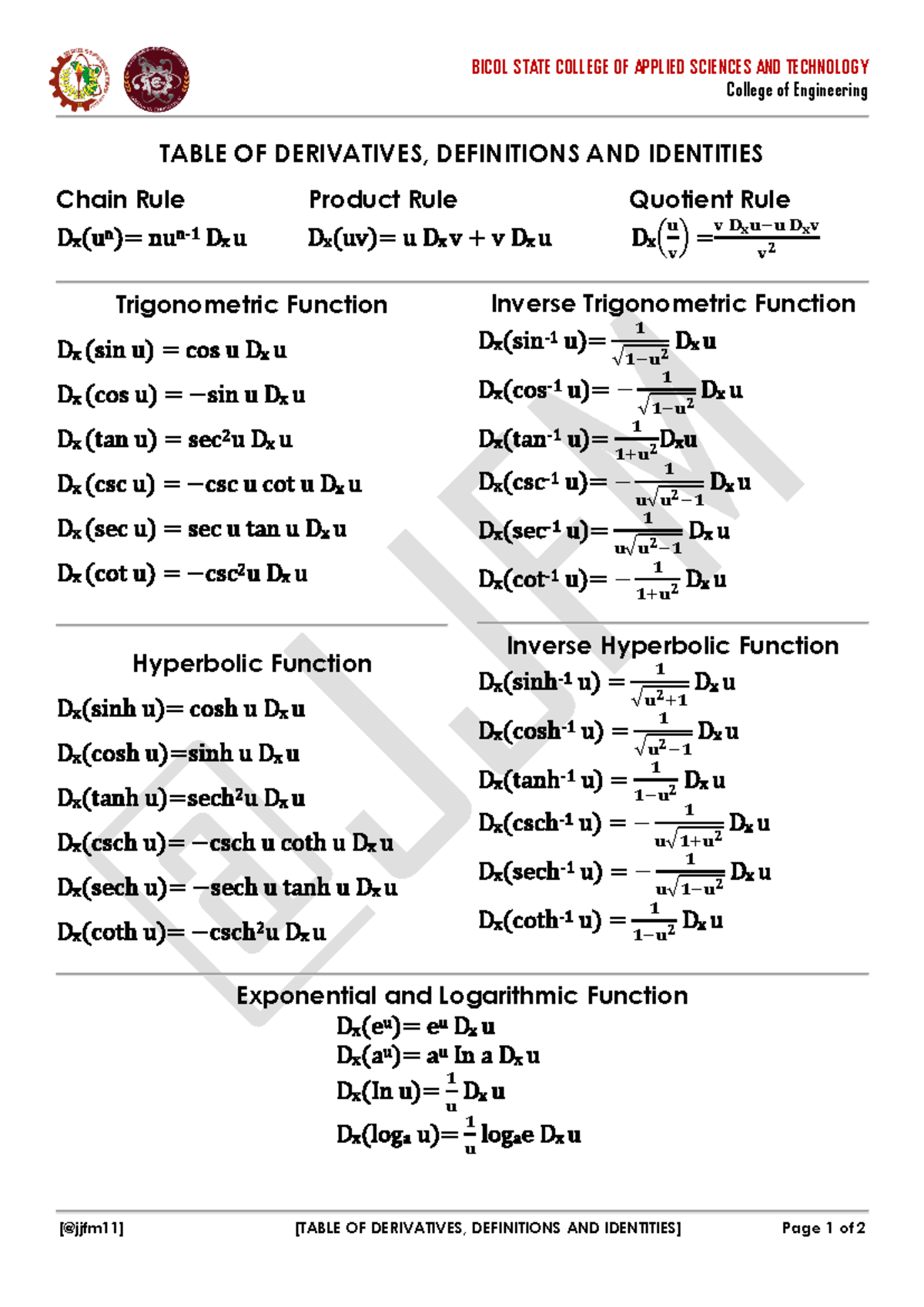 Table OF Derivatives Definitions AND Identities - BICOL STATE COLLEGE ...