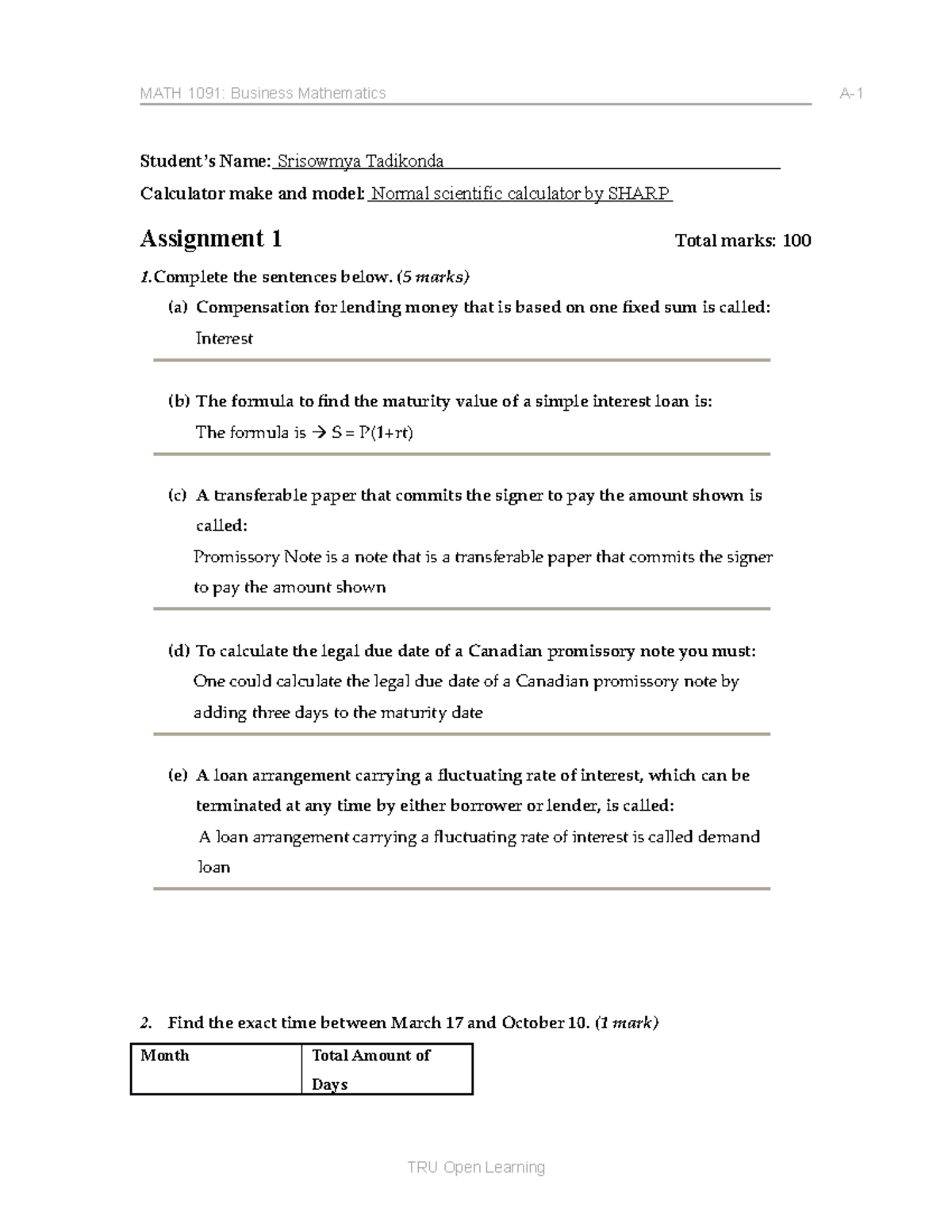 MATH1091 Assignment 1 Tadikonda - MATH 1091: Business Mathematics A ...