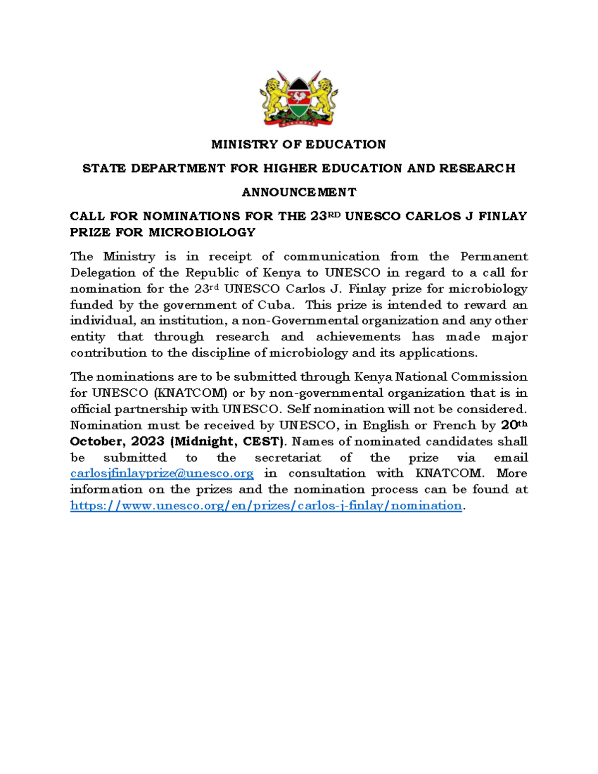 Unesco Carlos Finlay Prize 0 - MINISTRY OF EDUCATION STATE DEPARTMENT ...