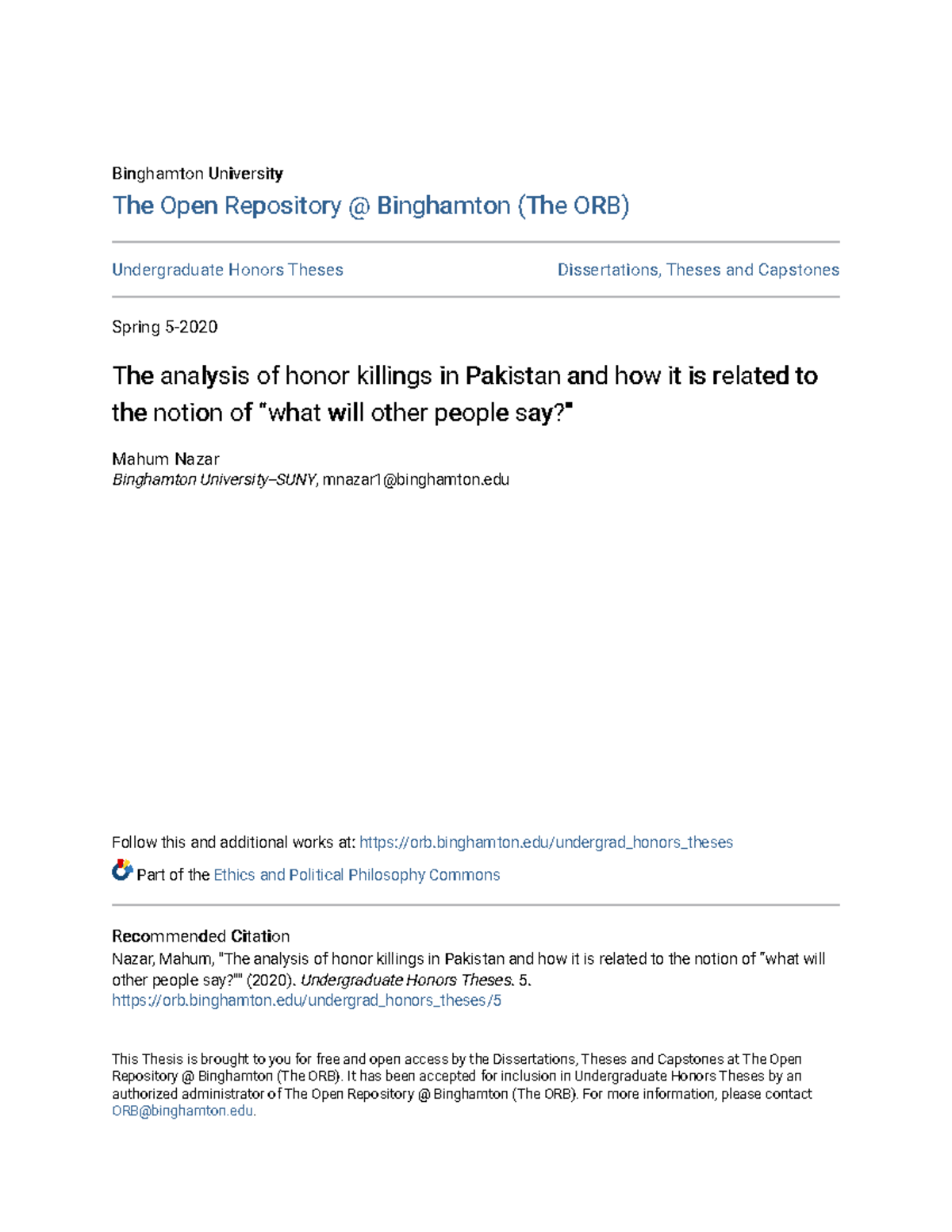 The analysis of honor killings in Pakistan and how it is related ...