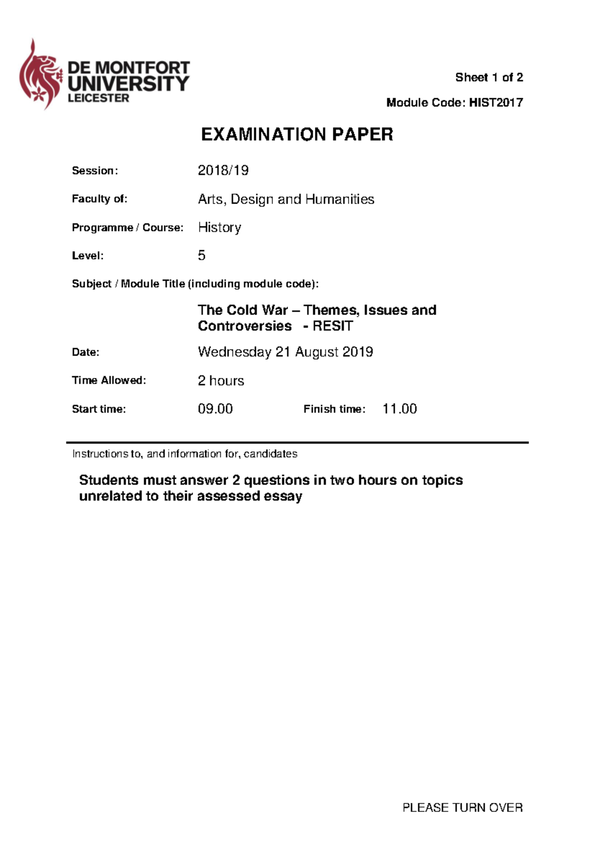 HIST2017 2019 Resit Exam - Sheet 1 of 2 Module Code: HIST PLEASE TURN ...