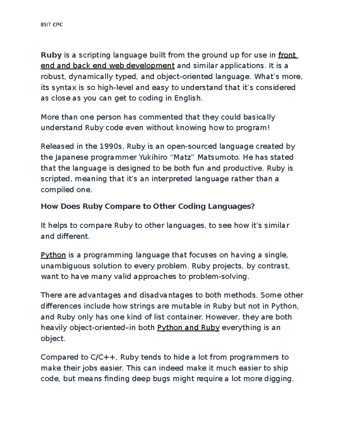 RUBY - Lecture notes Module 4 - BSIT CPC Ruby is a scripting language ...