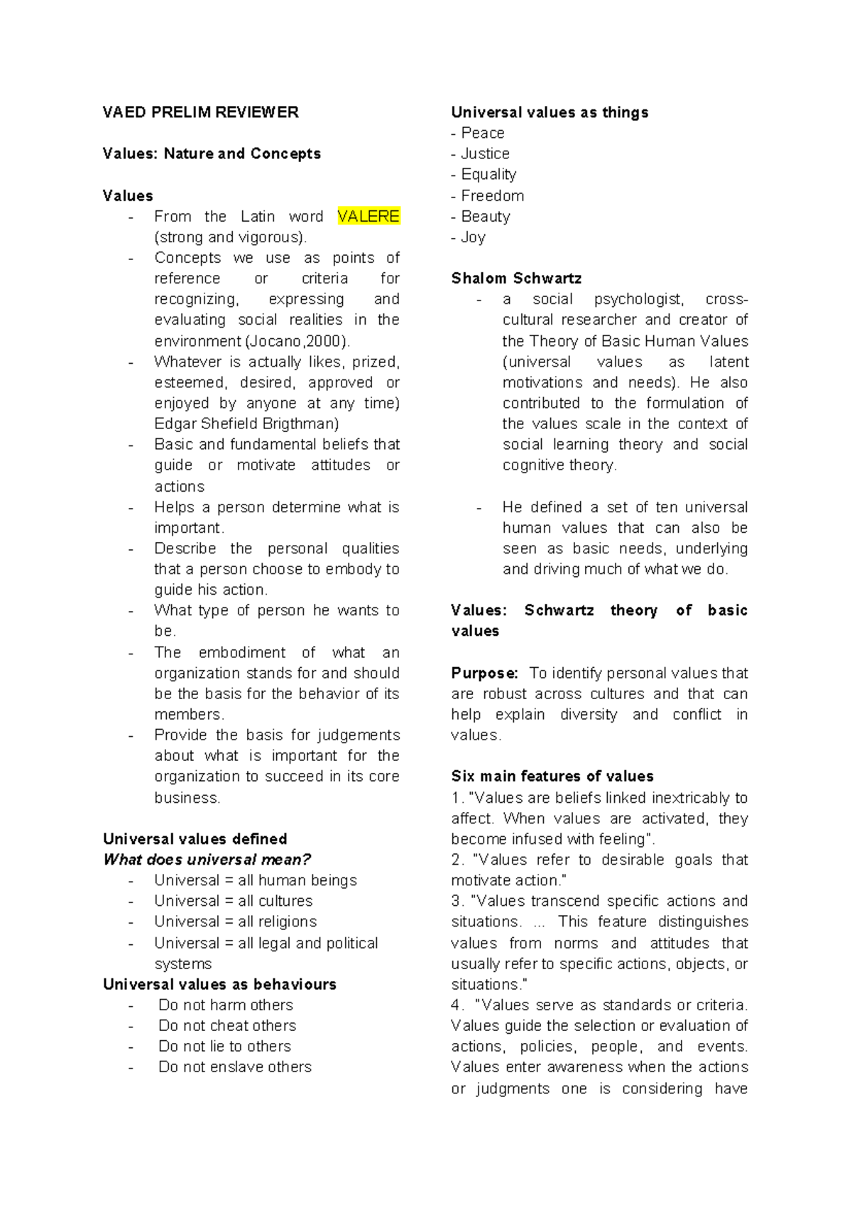 VAED Reviewer - VAED PRELIM REVIEWER Values: Nature and Concepts Values ...