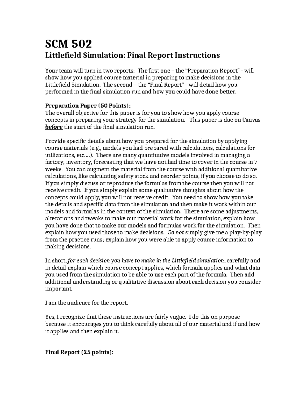 Littlefield Simulation Preparation and Final Report Instructions - SCM ...