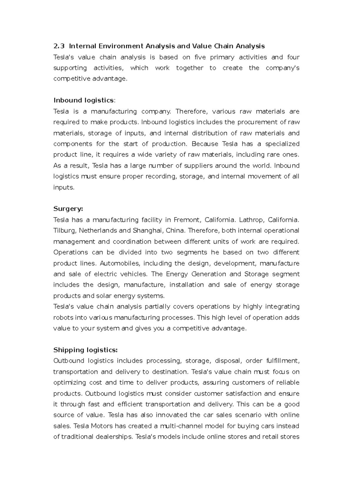 Tesla Swot and analysis - 2 Internal Environment Analysis and Value ...