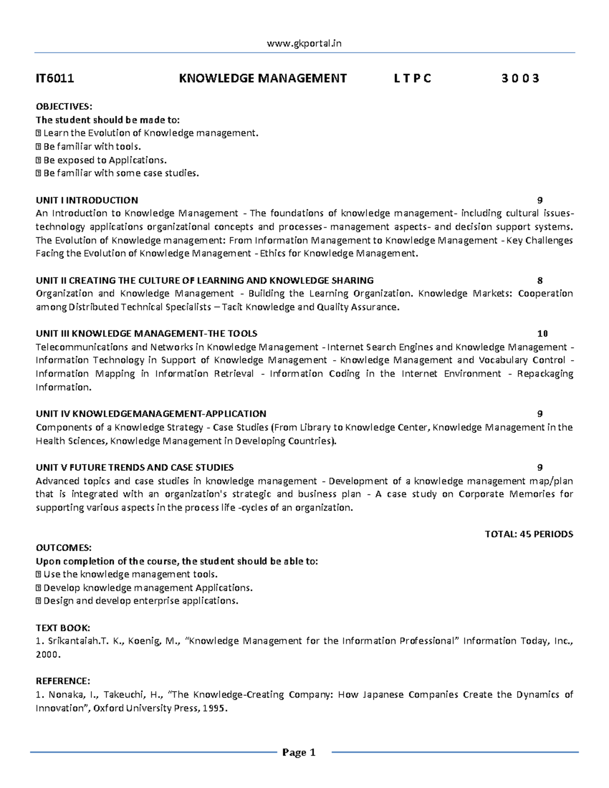 1Page- Knowledge Management - gkportal Page 1 IT6011 KNOWLEDGE ...