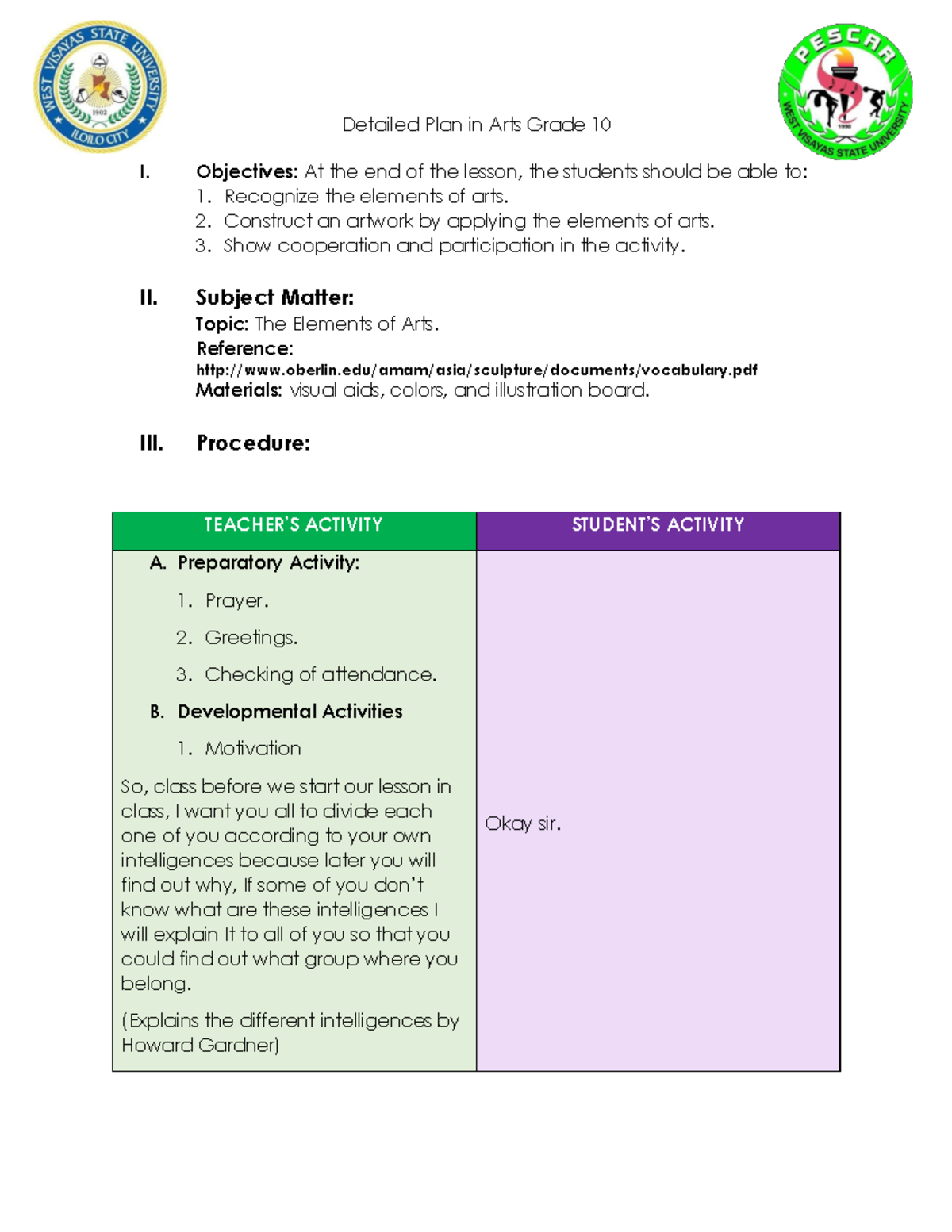 Lesson Plan - Detailed Plan in Arts Grade 10 I. Objectives: At the end ...