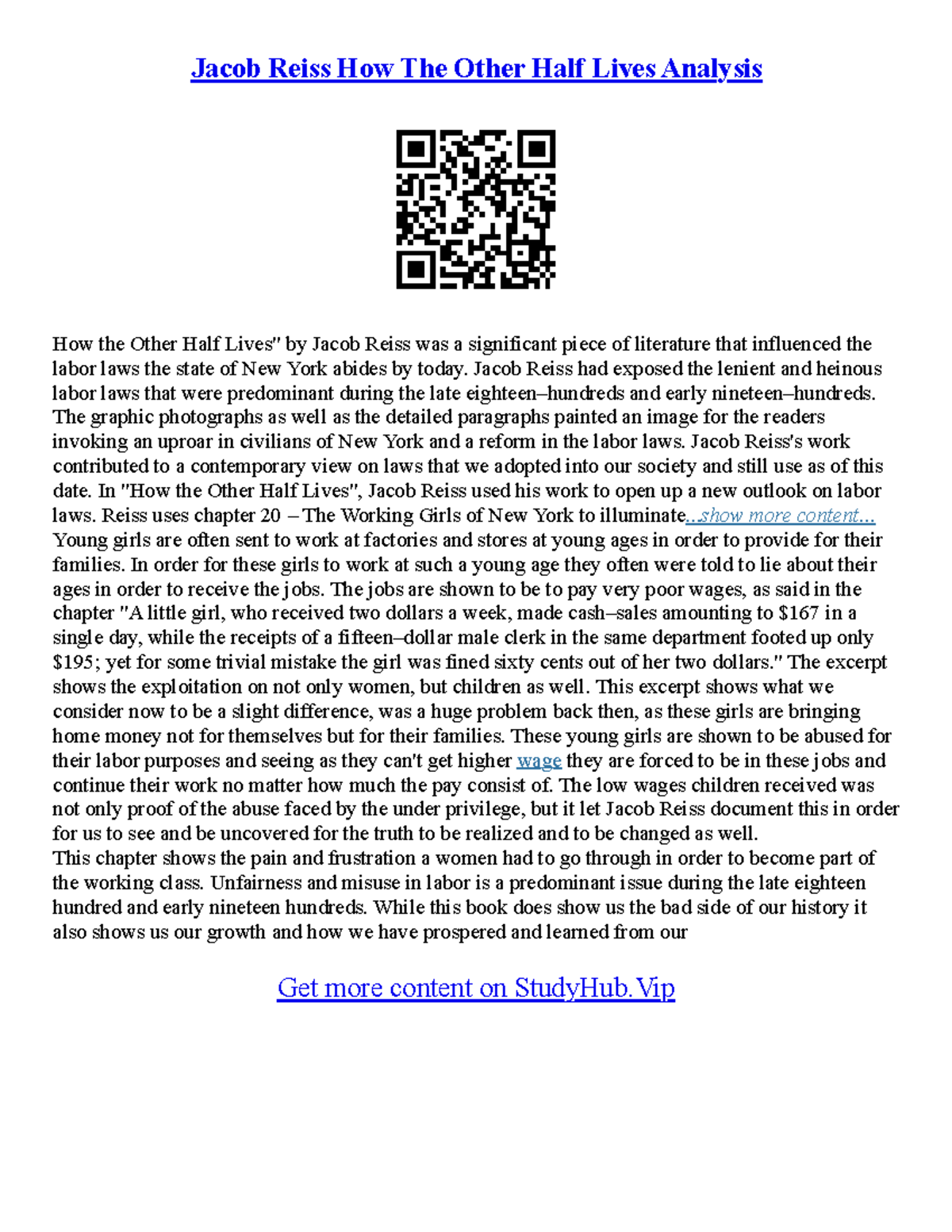 How The Other Half Lives Essay - Jacob Reiss How The Other Half Lives ...
