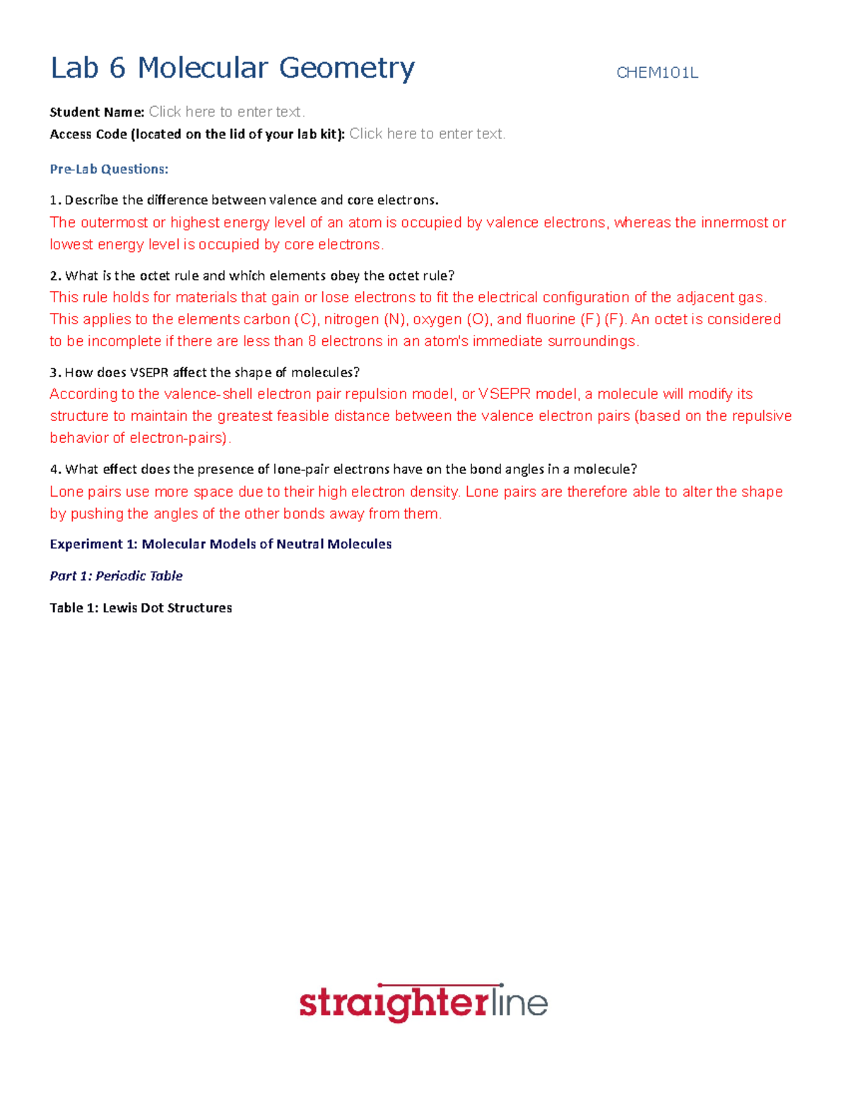 CHEM101L Lab 6 - straighterline - Student Name: Click here to enter text. Access Code (located ...