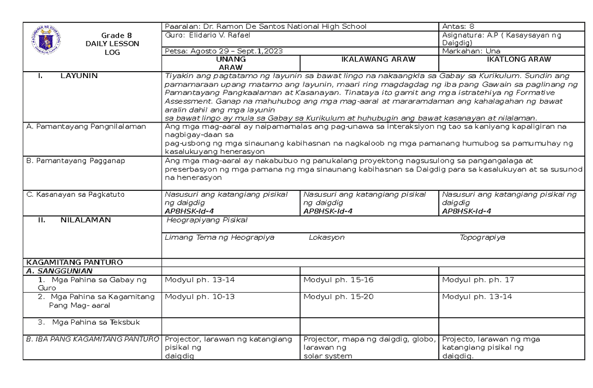 AP.8 DLL 2023-2024 First Quarter - Grade 8 DAILY LESSON LOG Paaralan ...