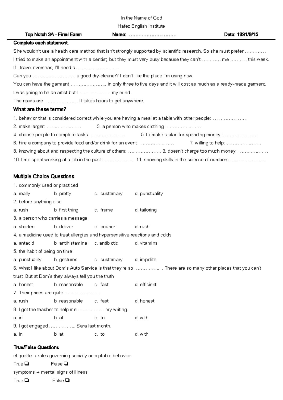 Top Notch 3A Final Exam www - In the Name of God Hafez English ...