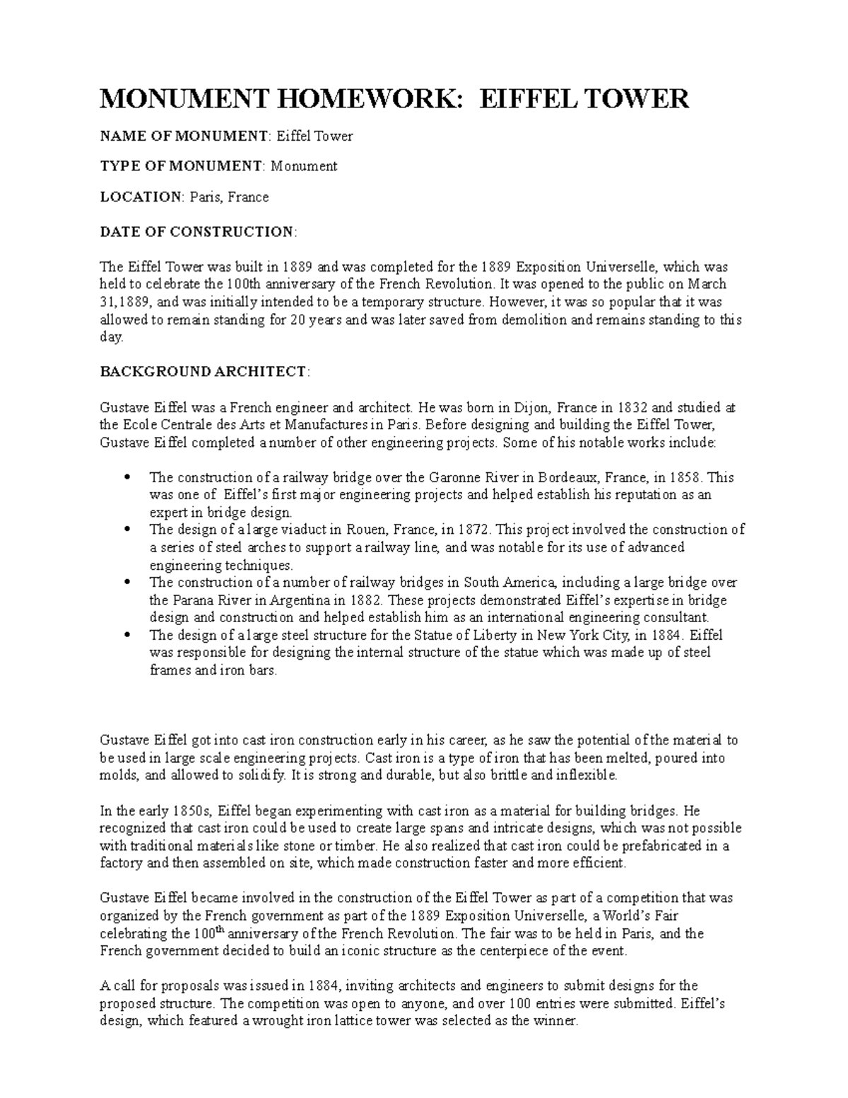 Eiffel Homework Winter 23 - MONUMENT HOMEWORK: EIFFEL TOWER NAME OF ...