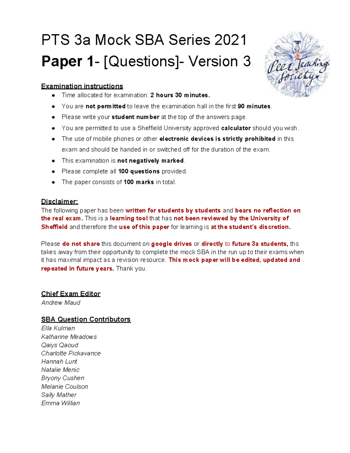 Pts 3a mock sba series 2021- paper 1- v3- questions - PTS 3a Mock SBA ...