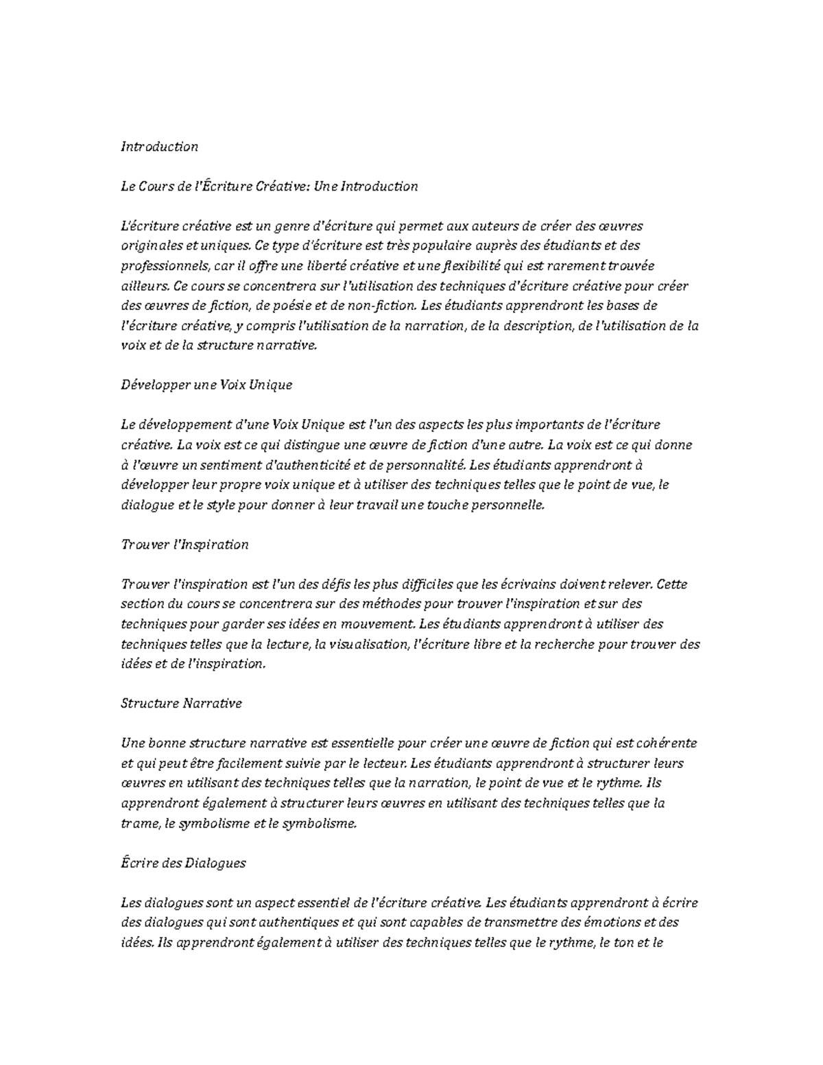 Creative Writing Note Study Introduction Le Cours De L criture