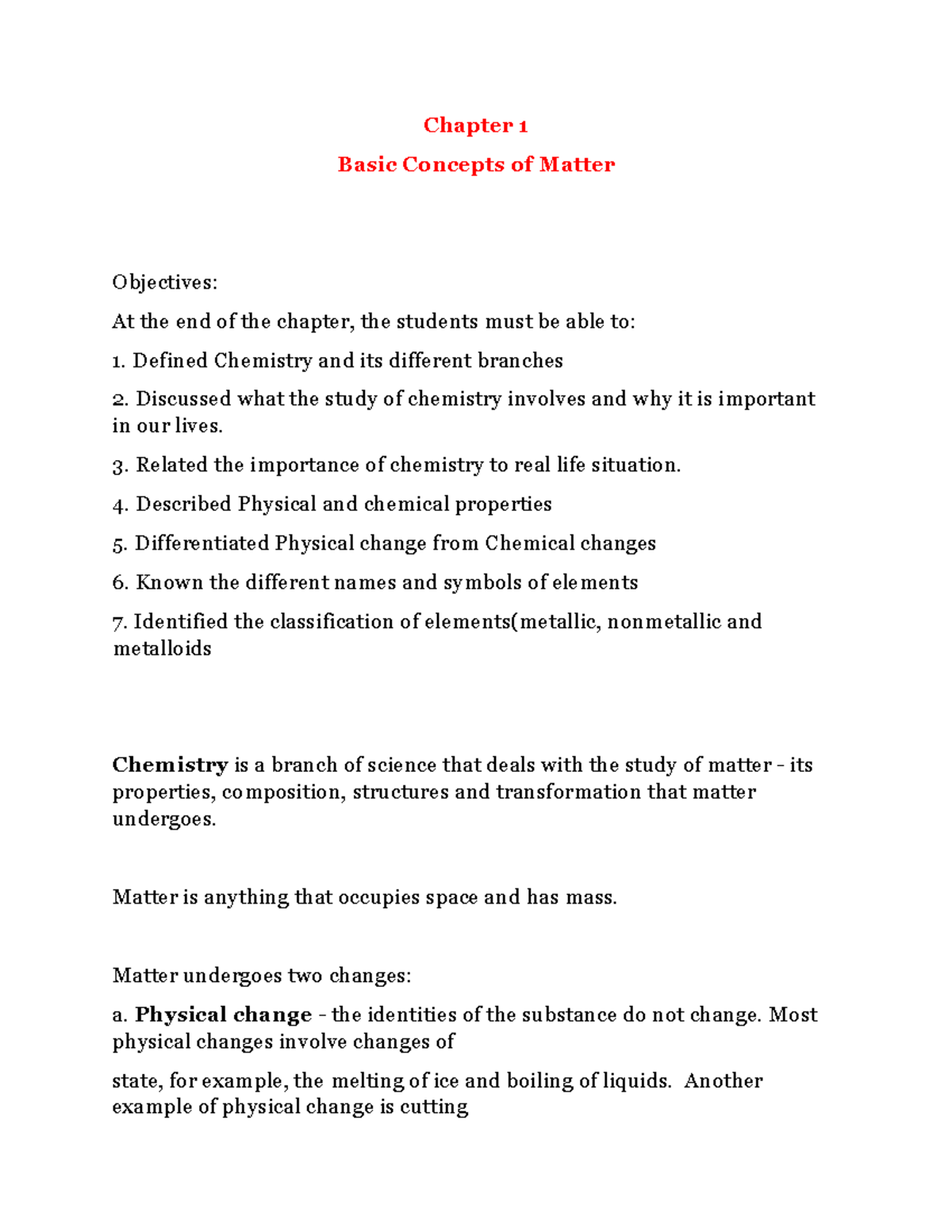Chapter 1 chem - Chapter 1 Basic Concepts of Matter Objectives: At the ...