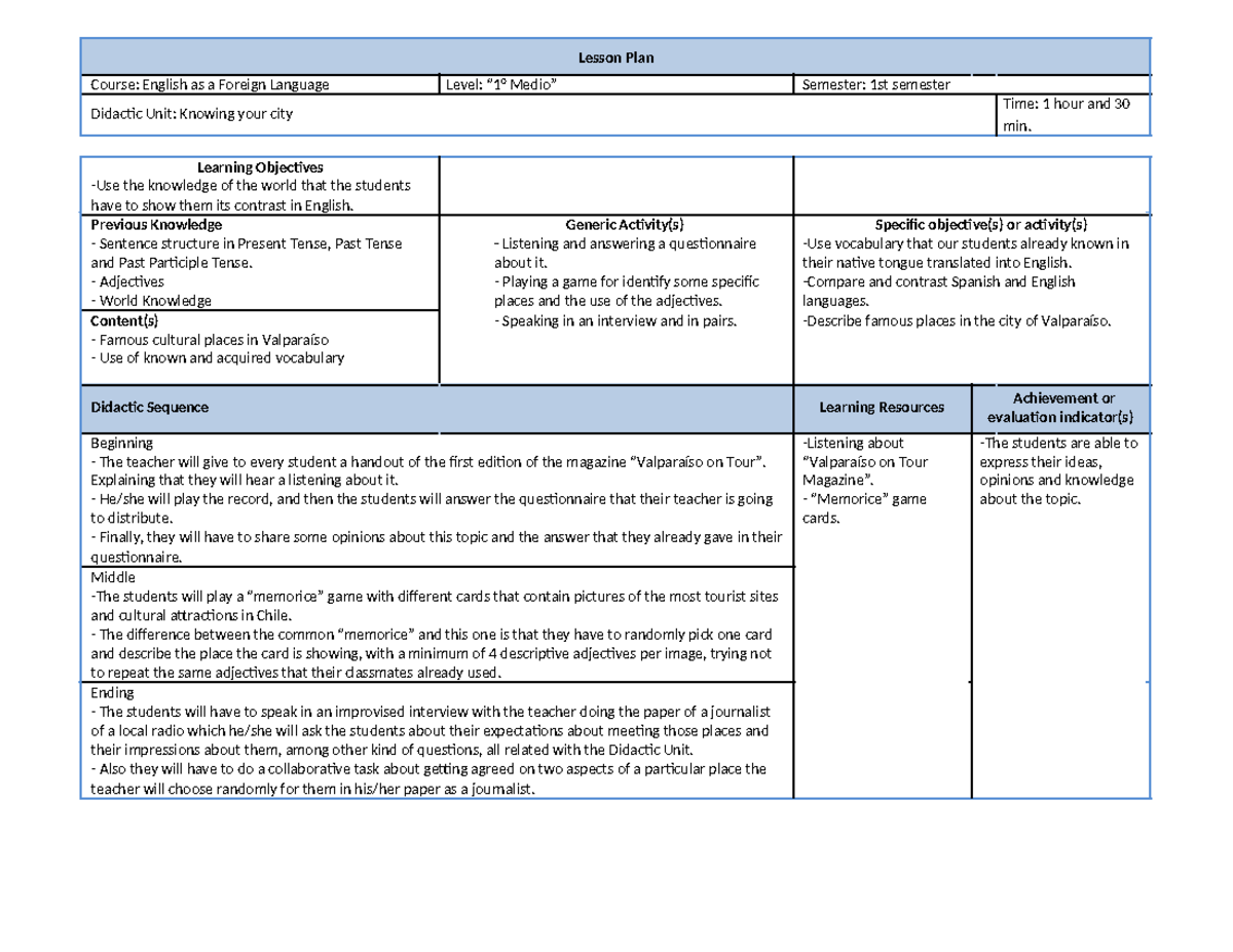 Lesson Plan model - Lesson Plan Course: English as a Foreign Language ...