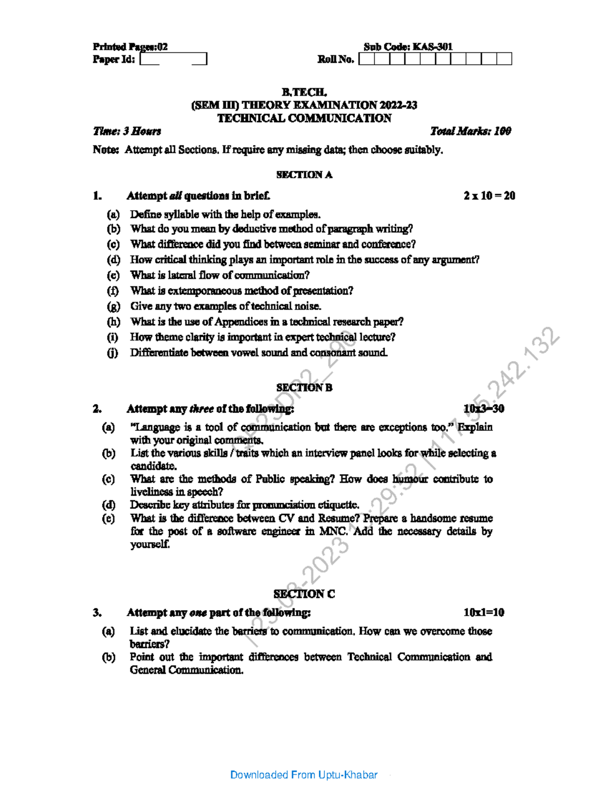 Technical-Communication-KAS-301 - Printed Pages:02 Sub Code: Paper Id: Roll No. B. (SEM THEORY ...