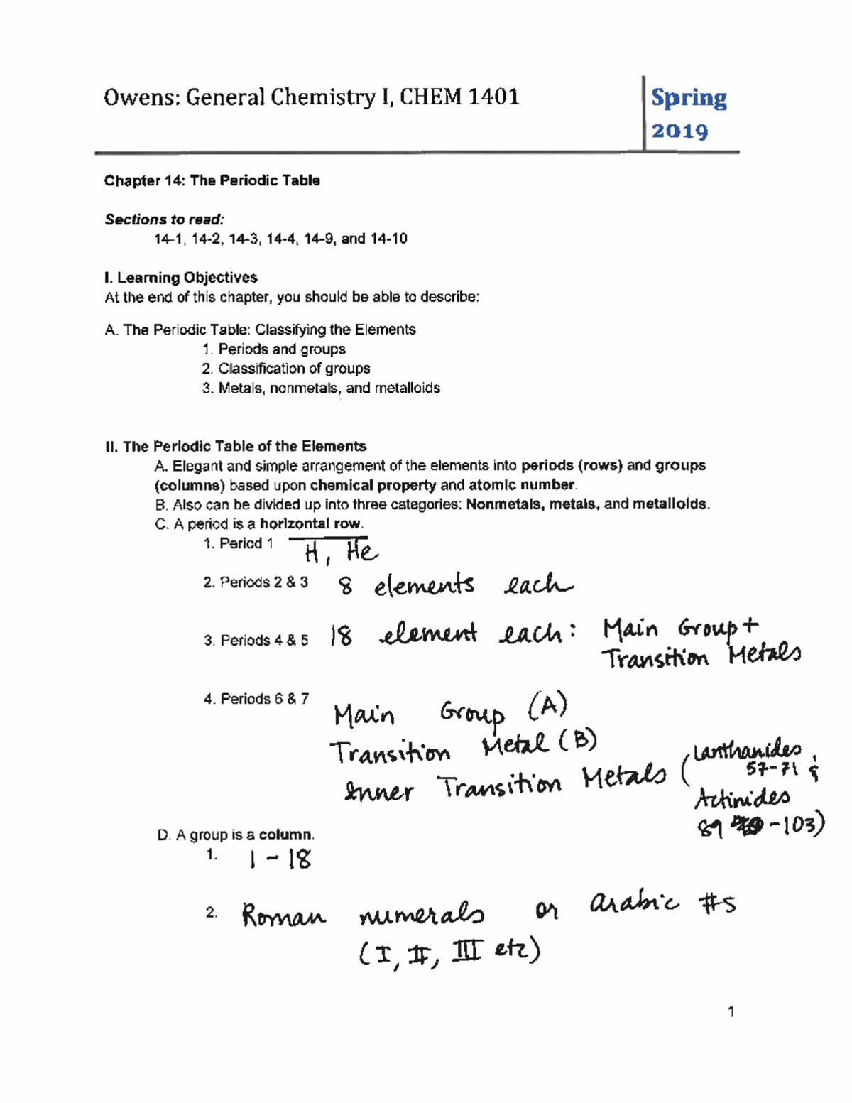 Ch14notes 2 - Lecture notes CH14 - Owens: General Chemistry I, CHEM ...