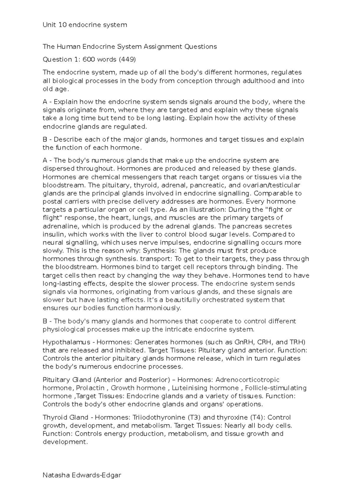 Unit 10 - The Human Endocrine System - The Human Endocrine System Assignment Questions Question ...