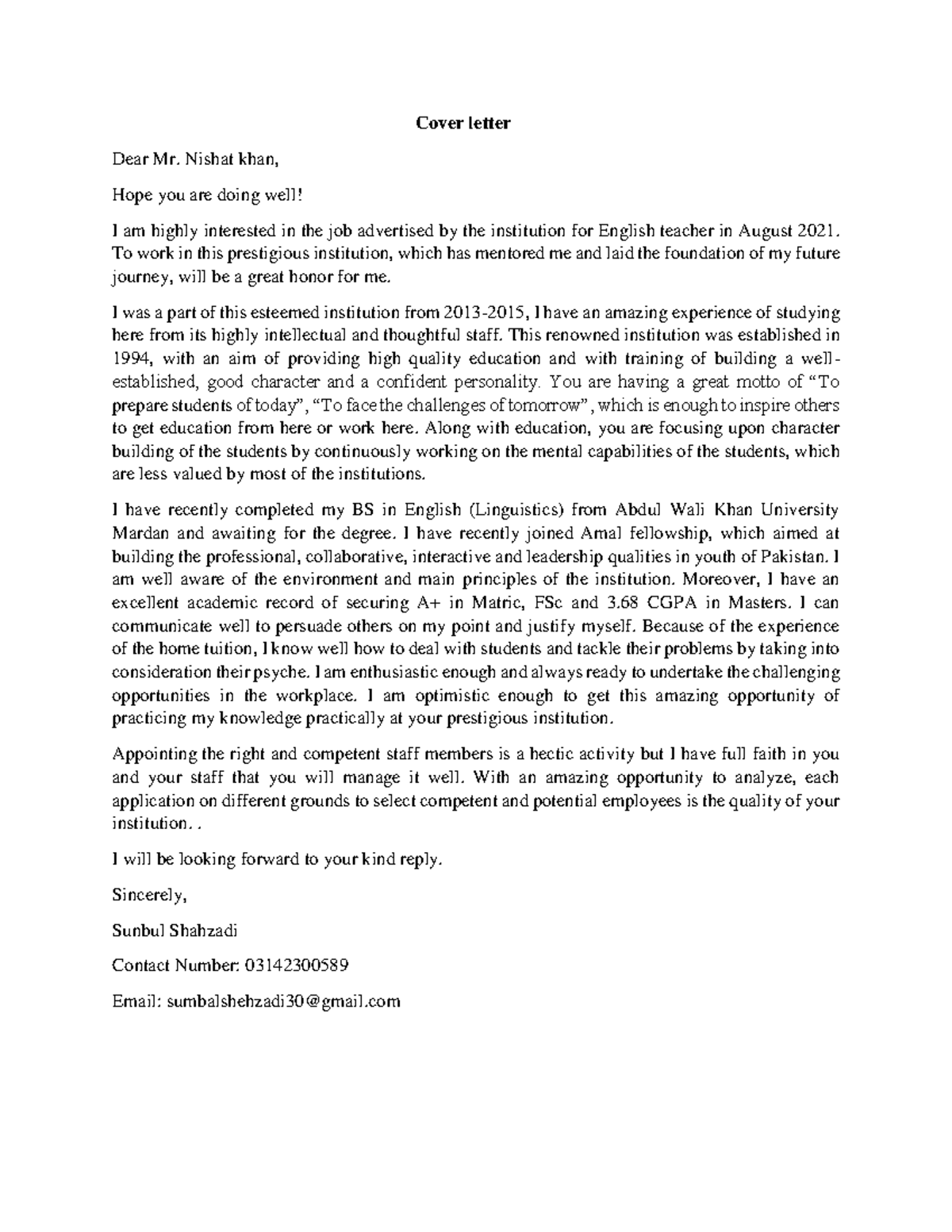 Cover Letter - Consist of some practical work like implementation of ...