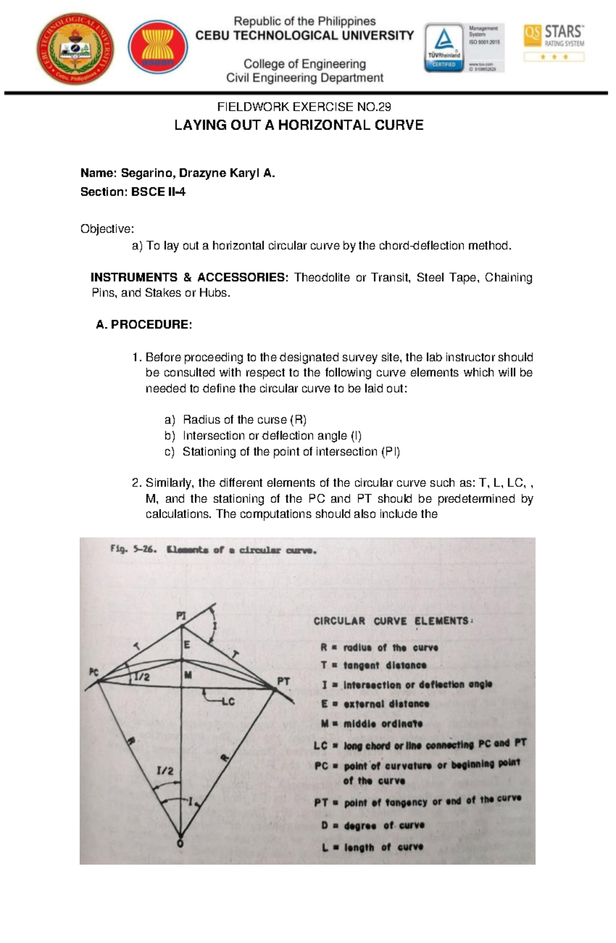Segarino BSCE II-4 Fieldwork 29 - FIELDWORK EXERCISE NO. LAYING OUT A HORIZONTAL CURVE Name ...