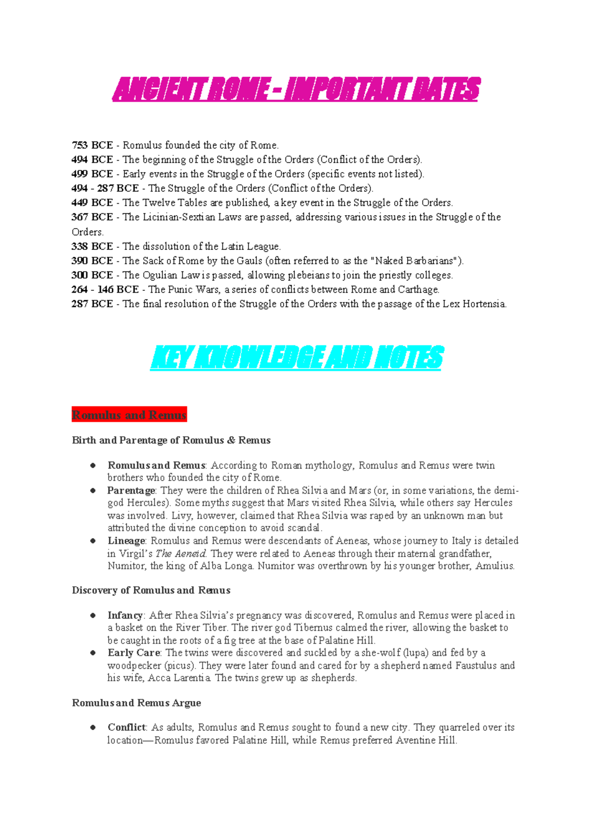 Key Dates - Rome - Ancient Rome summary notes - ANCIENT ROME ...