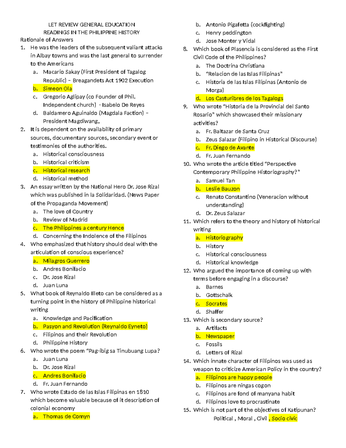 Let Review Readings In The Phil History Let Review General