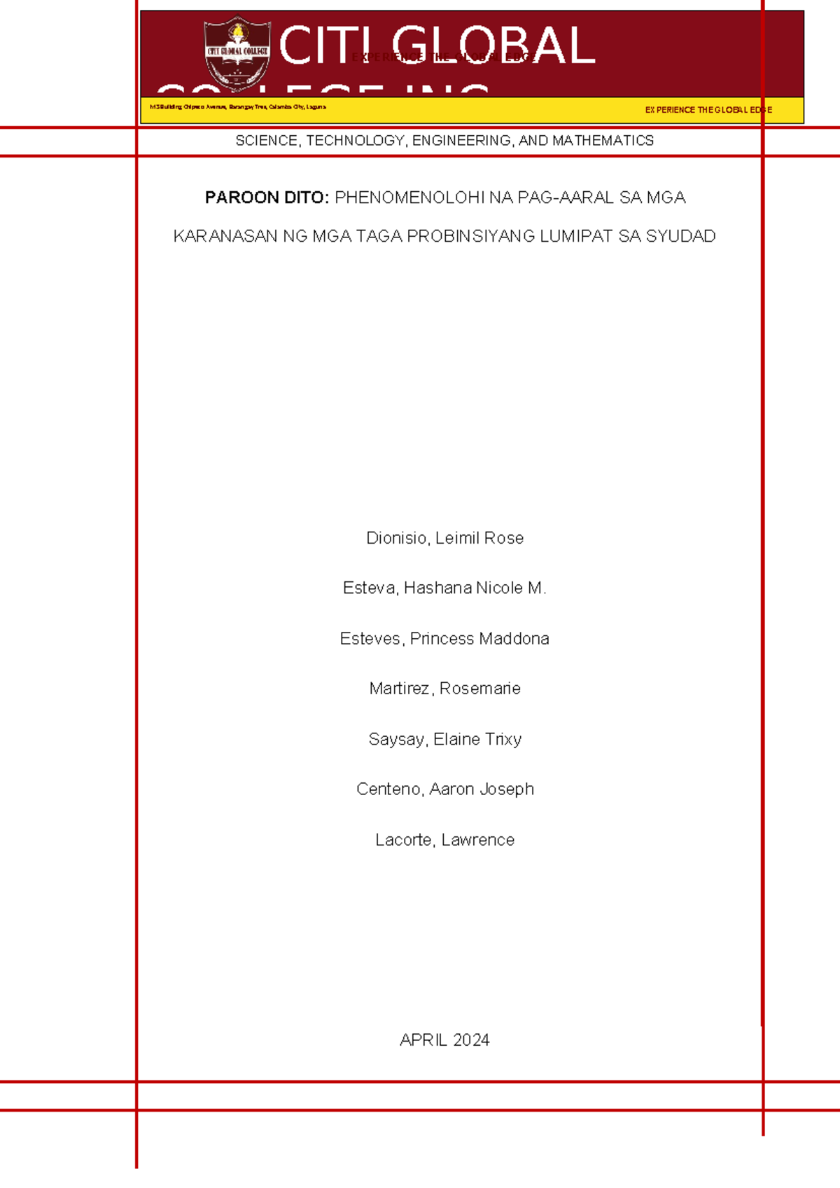 Pananaliksik-Group-5 - CITI GLOBAL COLLEGE INC. M3 Building Chipeco ...