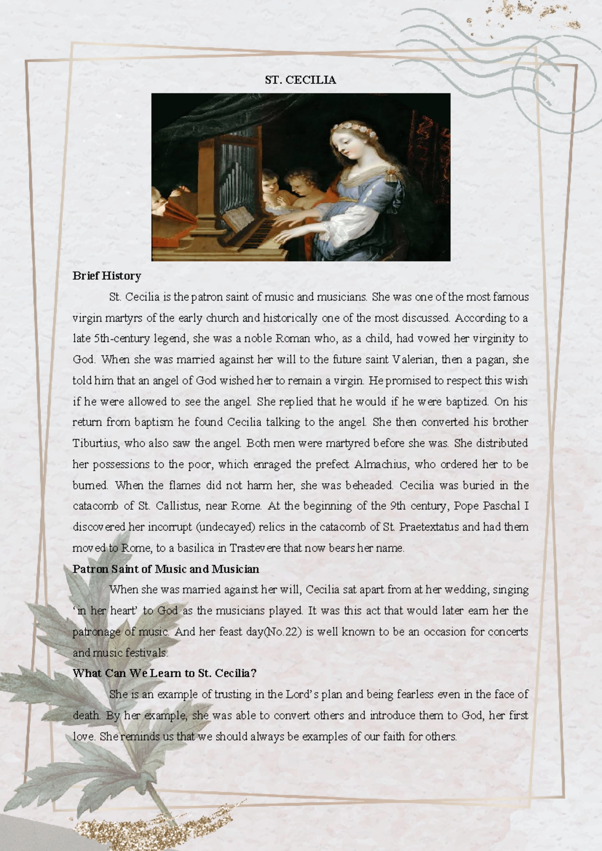 SAINT CECILIA... - ST. CECILIA Brief History St. Cecilia is the patron ...