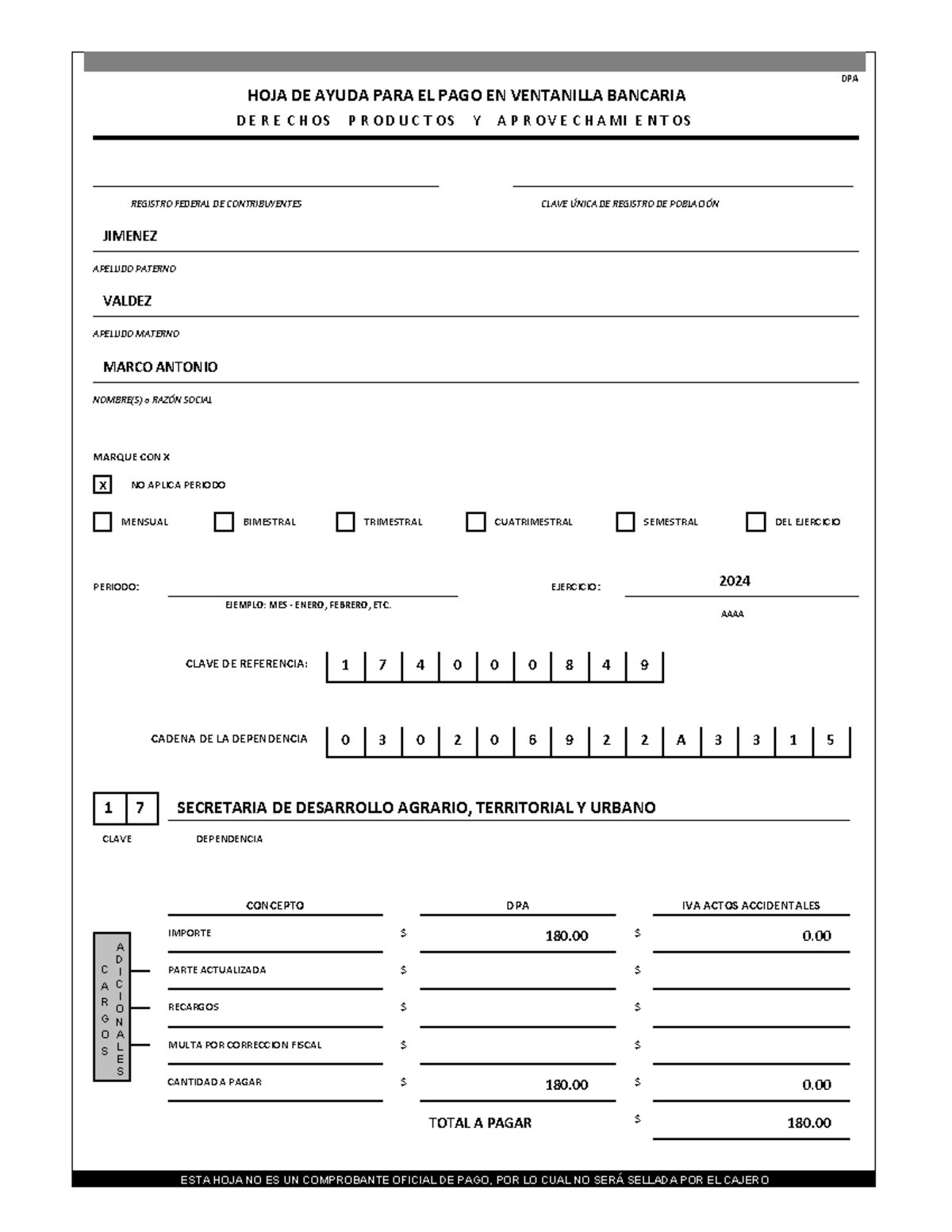 Ejemplo de llenado del formato e5ran - HOJA DE AYUDA PARA EL PAGO EN VENTANILLA BANCARIA D E R E ...