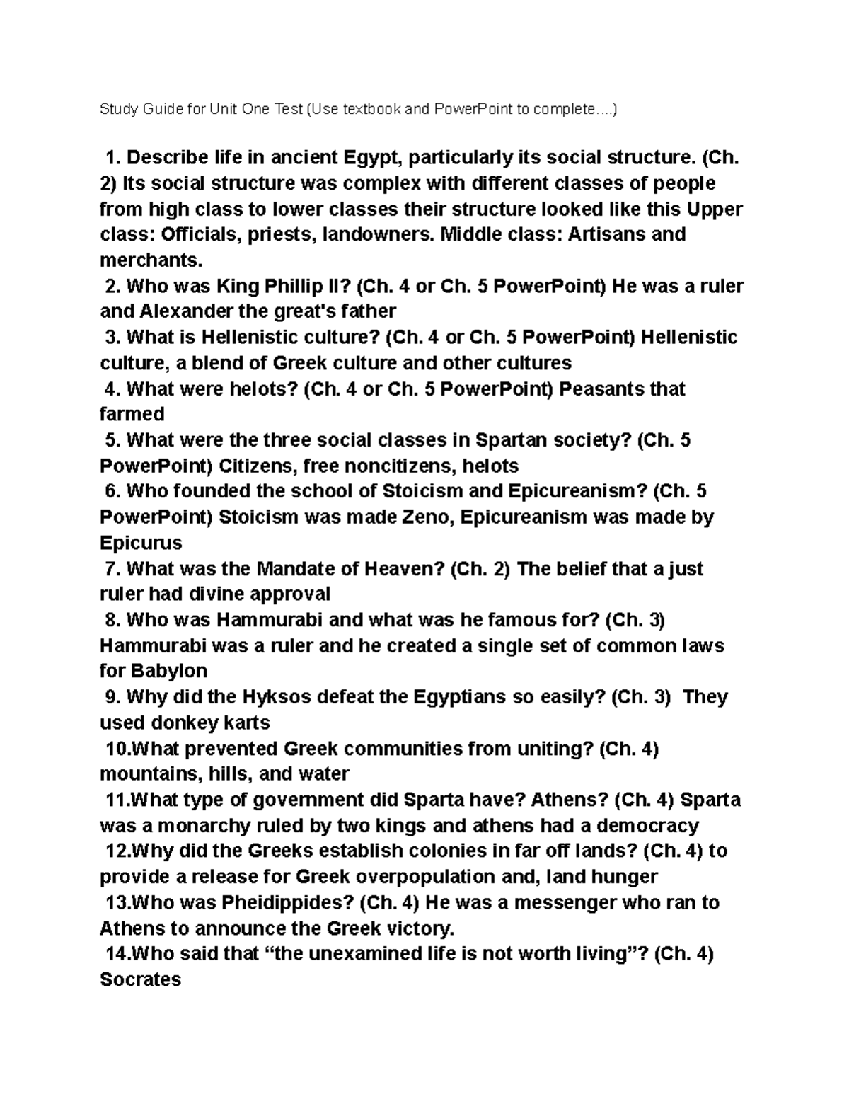 Study Guide for Unit One Test (Use textbook and Power Point to complete ...