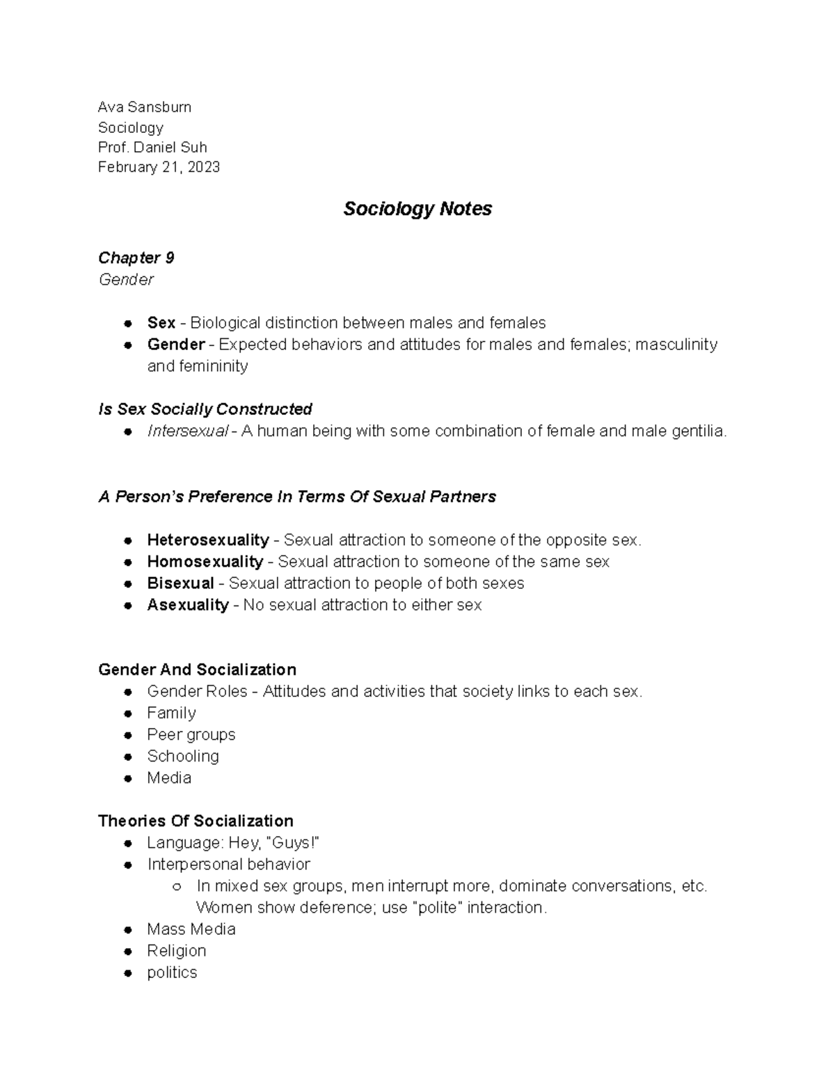 Sociology Notes Feb. 21, 2023 - Ava Sansburn Sociology Prof. Daniel Suh ...