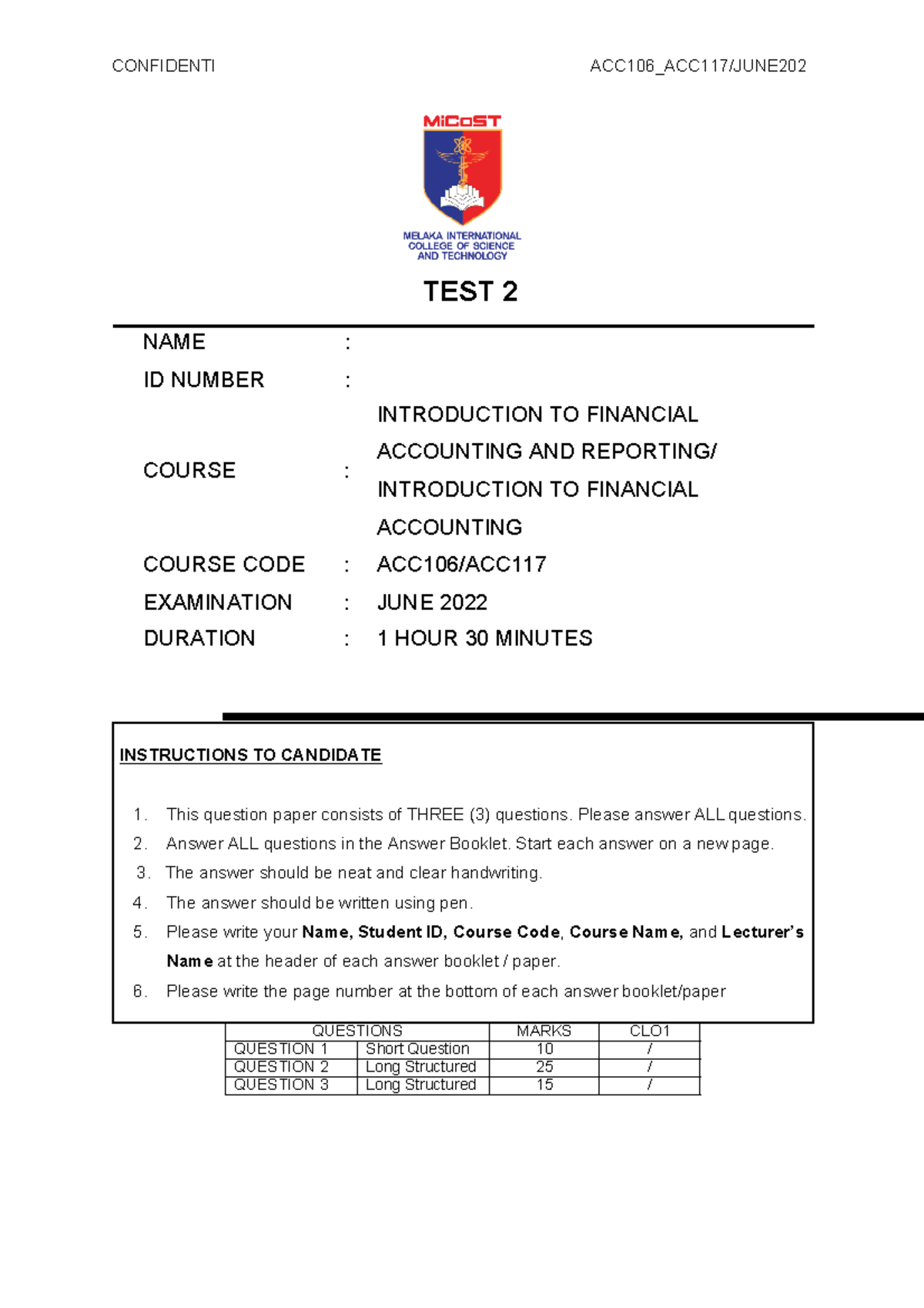 Test 2 - just some of test - INSTRUCTIONS TO CANDIDATE This question ...