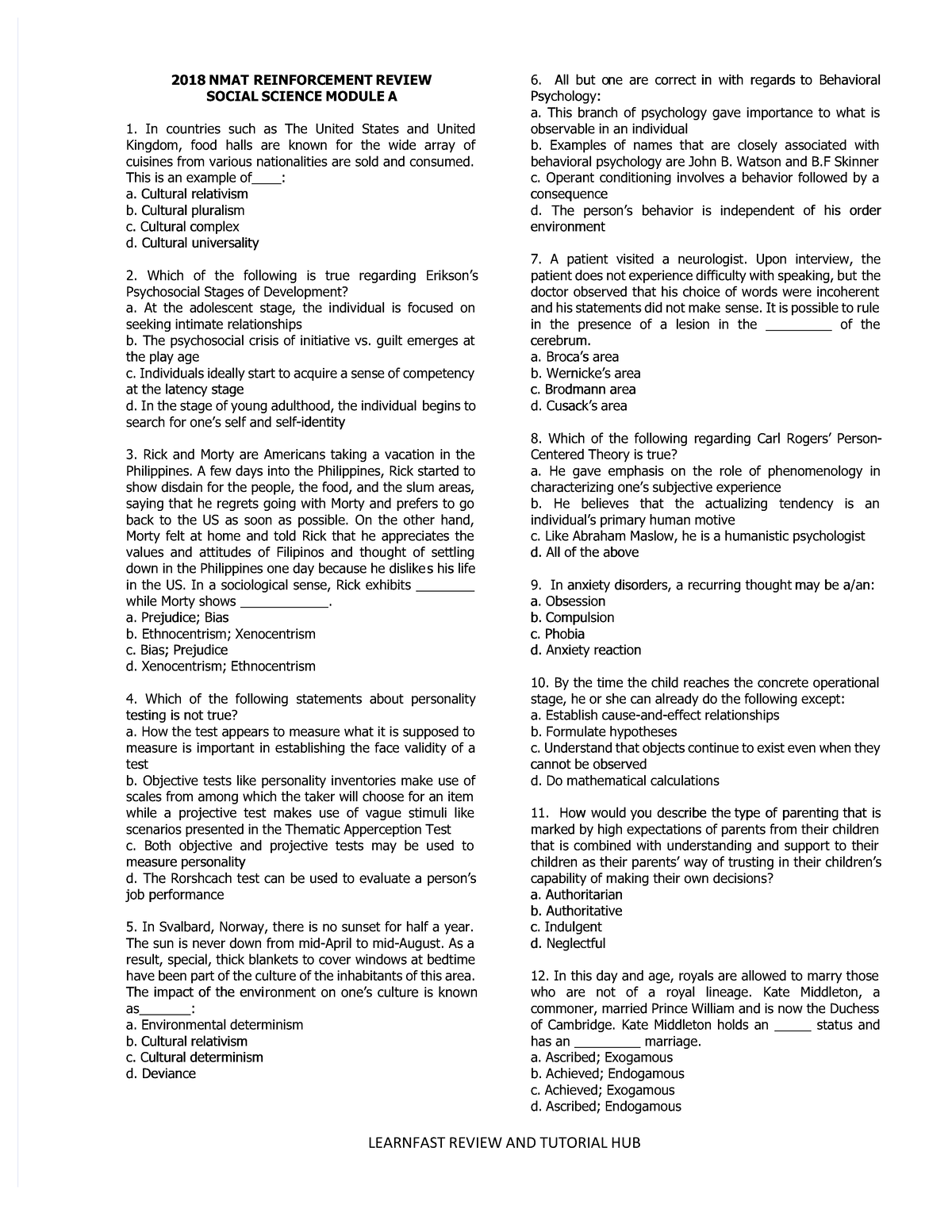 NMAT questionnaire - LEARNFAST REVIEW AND TUTORIAL HUBLEARNFAST REVIEW ...