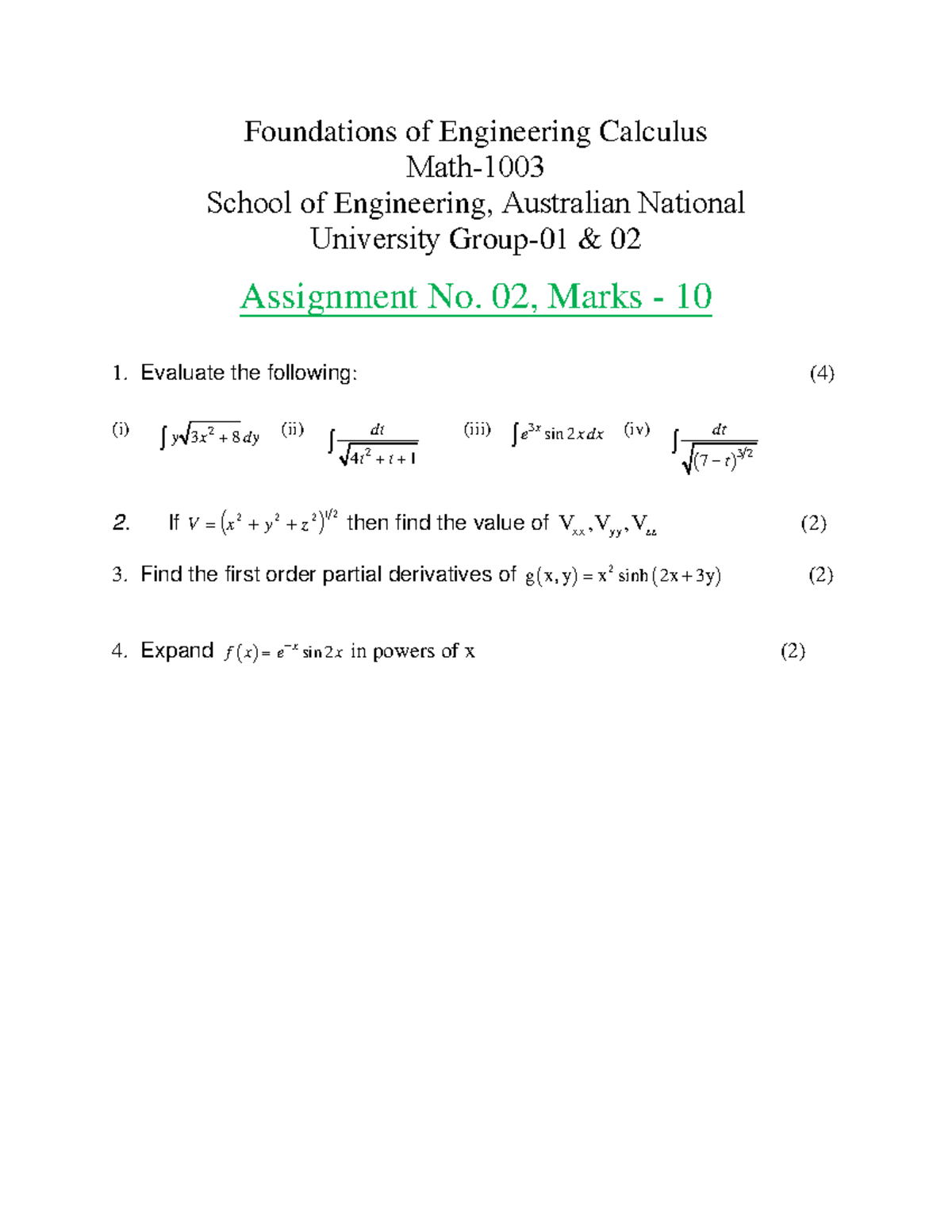Assignment N0 02 Group 01 02 Math 1003 - Foundations of Engineering Calculus Math- School of ...