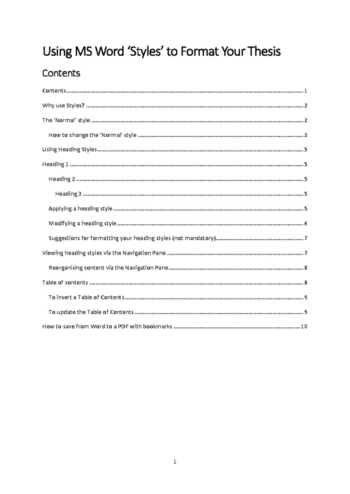 Quick Guide to MS Word Styles and Headings for Uo C Theses PDF version ...